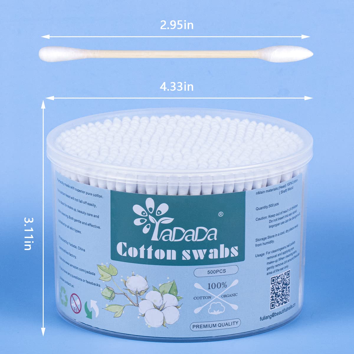 YADADA 500 Count Organic Cotton Swabs - Biodegradable Bamboo Sticks, Natural Cotton Buds with Pointed and Rounded Tips for Ear Cleaning