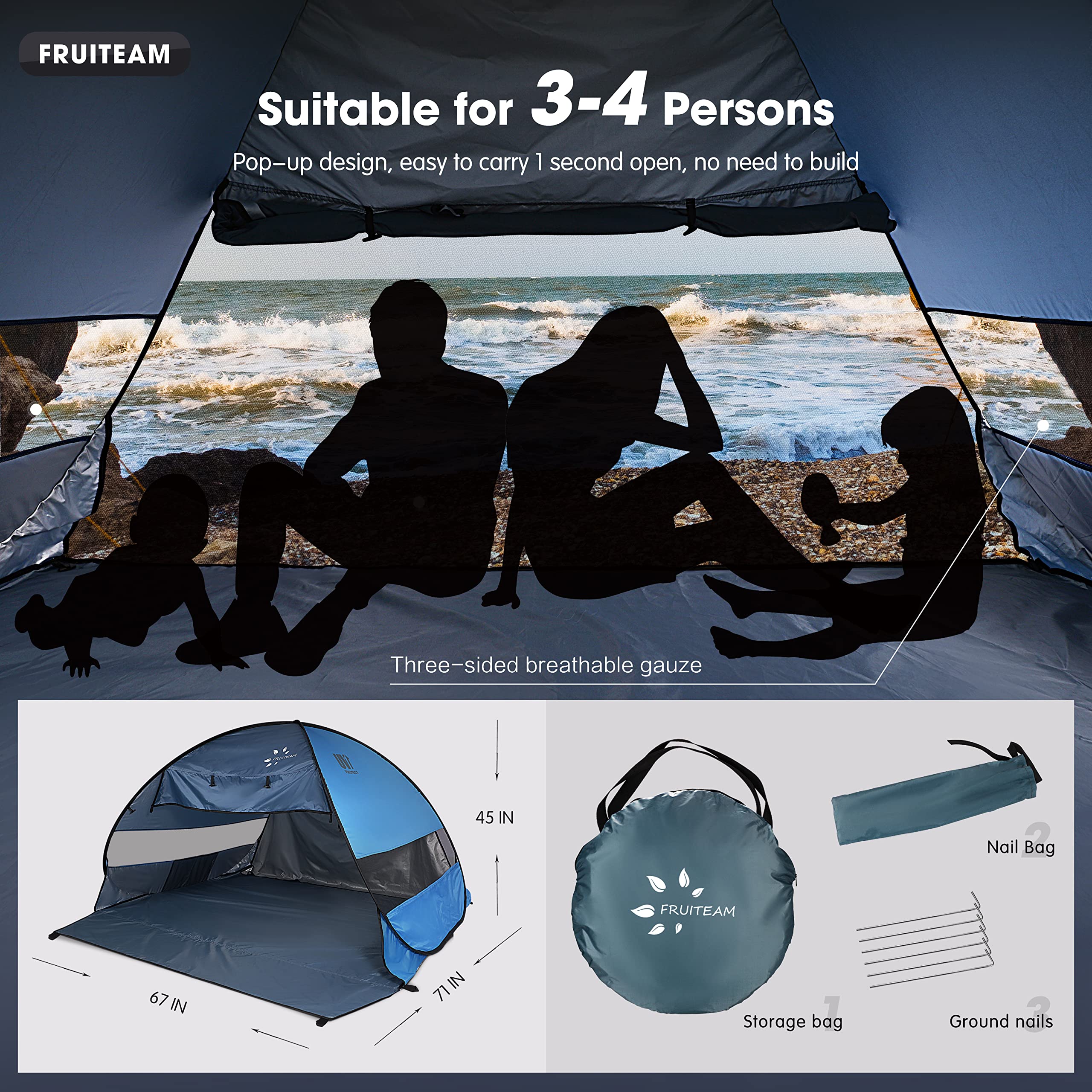 FRUITEAM Pop Up Beach Tent Sun Shelter for 3-4 Person with UV Protection for Camping/Outdoor/Beach, Blue