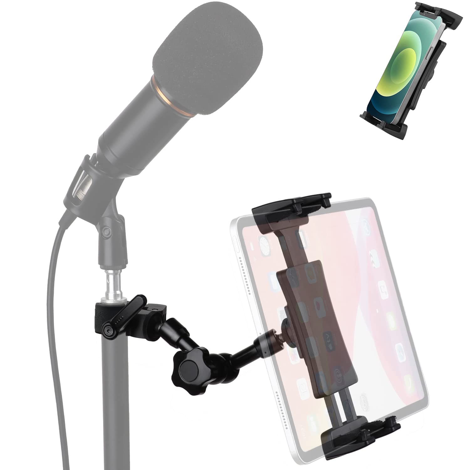 Mippko Tablet Holder for Microphone Stand and Mic Music Stand, 360° Swivel Tilt Aluminum Alloy Mount, Adjustable Clamp Fits 4.7~12.9" iPad/Nexus/LG G Pads/e-Reader/iPhone