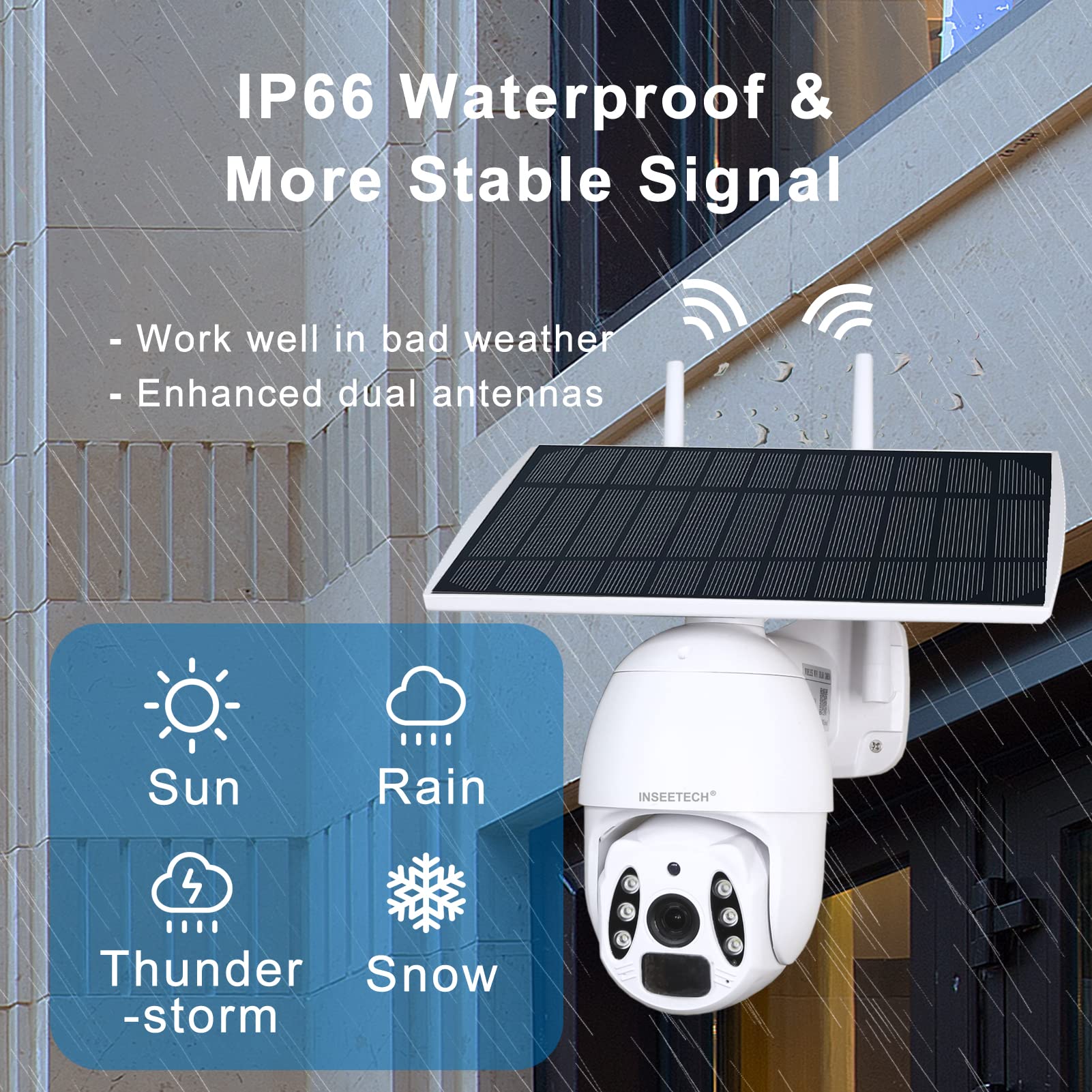 INSEETECH Solar Security Camera Wireless Outdoor, Tuya Pan Tilt Solar Powered WiFi Camera for Home Security, 2MP 98FT Night Vision, Motion Detection, Waterproof IP66 2 Way Audio, Two Installation