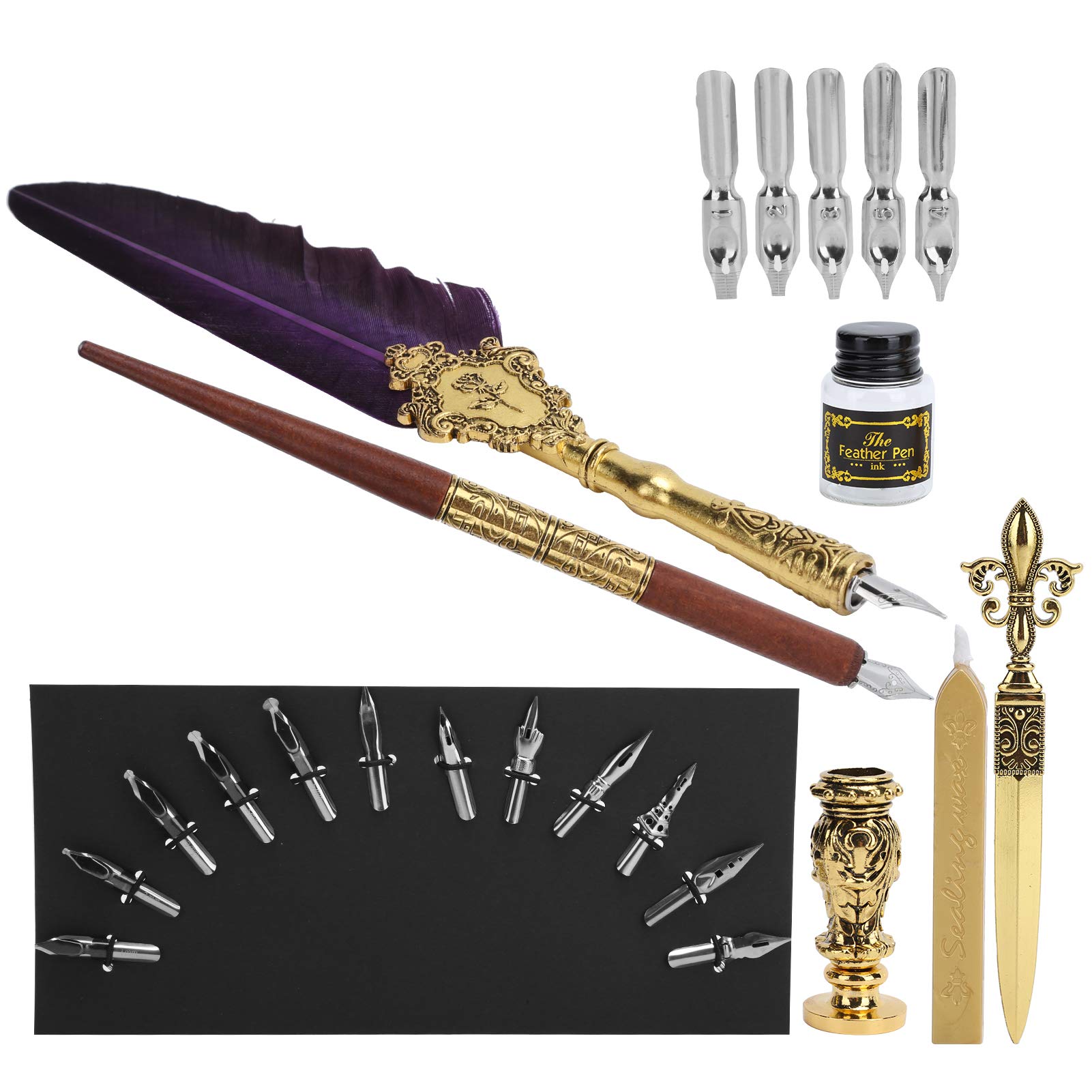 Feather Pen Set,Calligraphy Writing Drawing Quill Dip Kit Vintage Art Craft Collection Writing Paper Calligraphy Pen Ink Set(Purple)