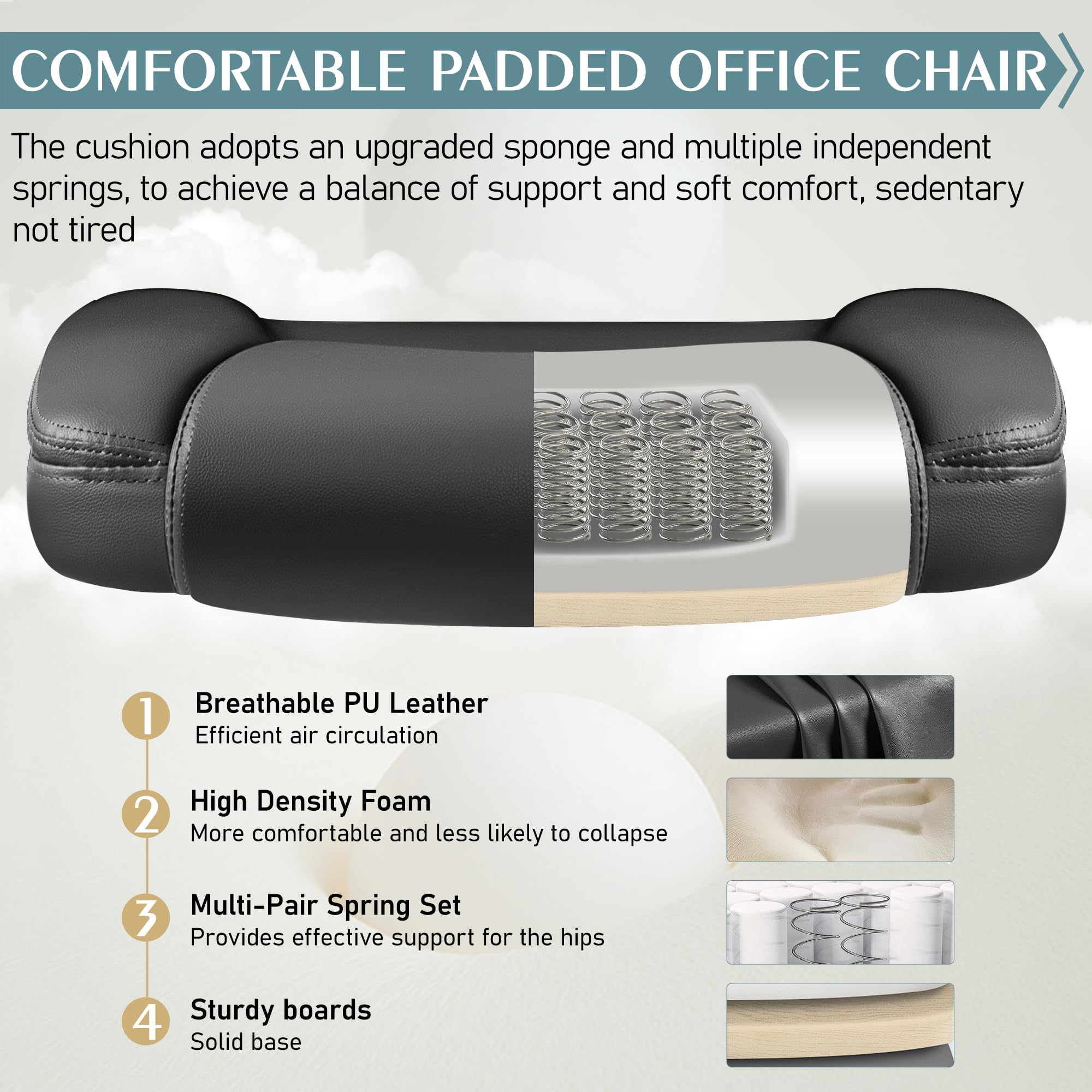 Leather Office Chair, PU Home Computer Desk Chairs with Ergonomic Back Support, 360°Swivel Free,Small Gmaing Chair with Wheels and Adjustable Armrests, for Short People Use, Black