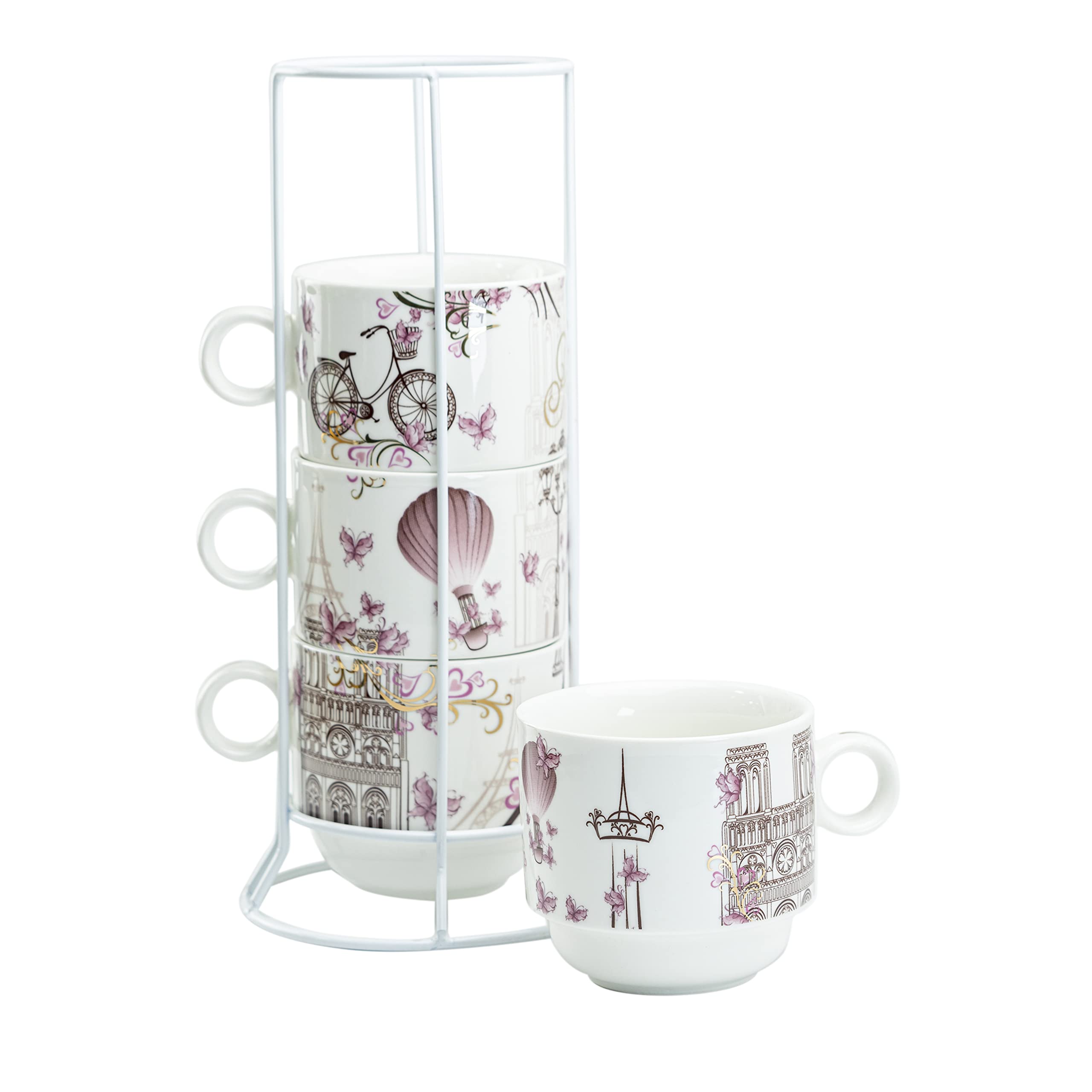 Grace Teaware Stackable Coffee Tea Mug 10-Ounce Set of 4 with White Metal Stand (Paris Eiffel Tower Pink Gold)