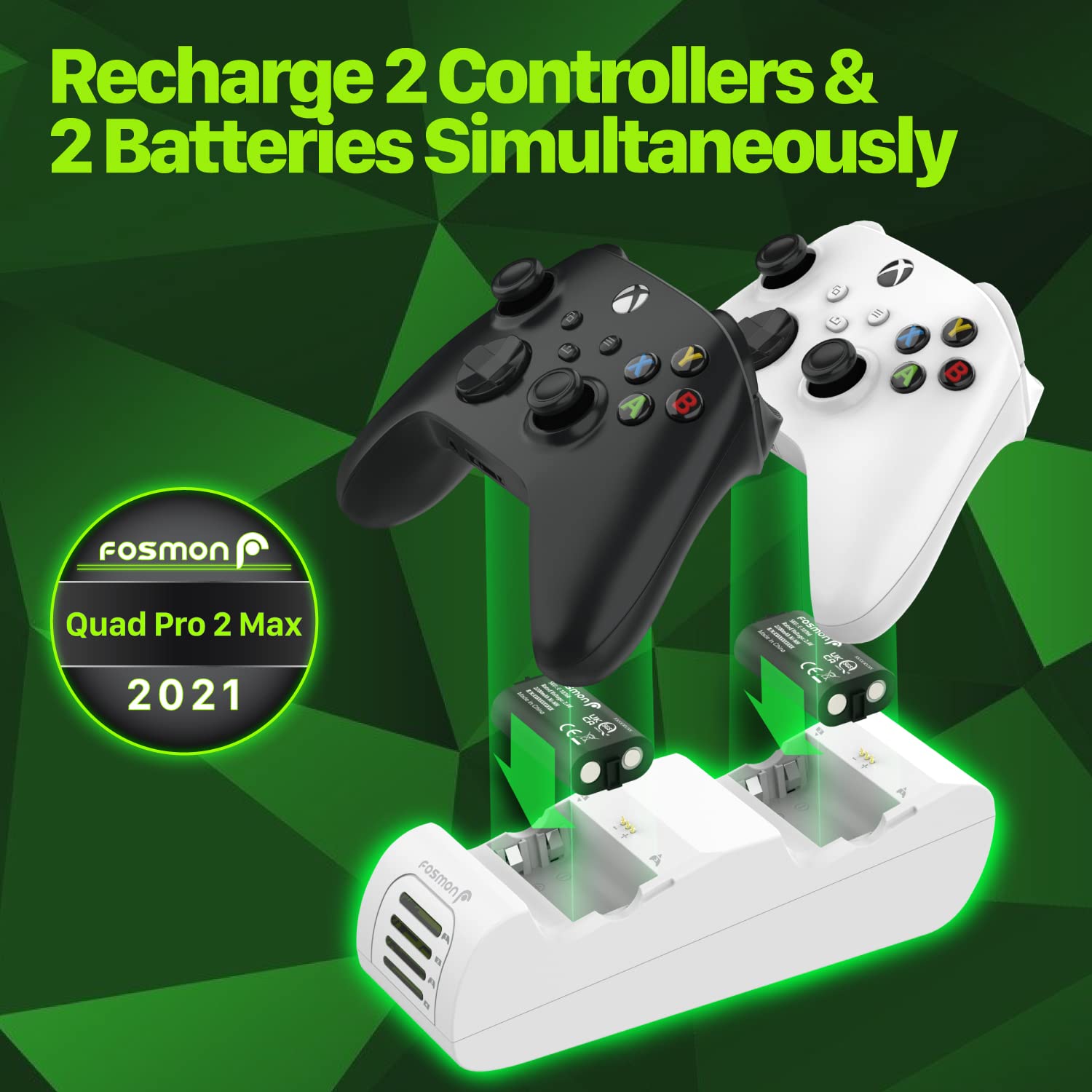 Fosmon Quad Pro 2 Max Charging Station for Xbox Series X/S, Xbox One, Xbox One X Controllers (4X 2200mAh Rechargeable Battery Packs, 4 Battery Plates, and 4ft USB-C Charging Cable) – White