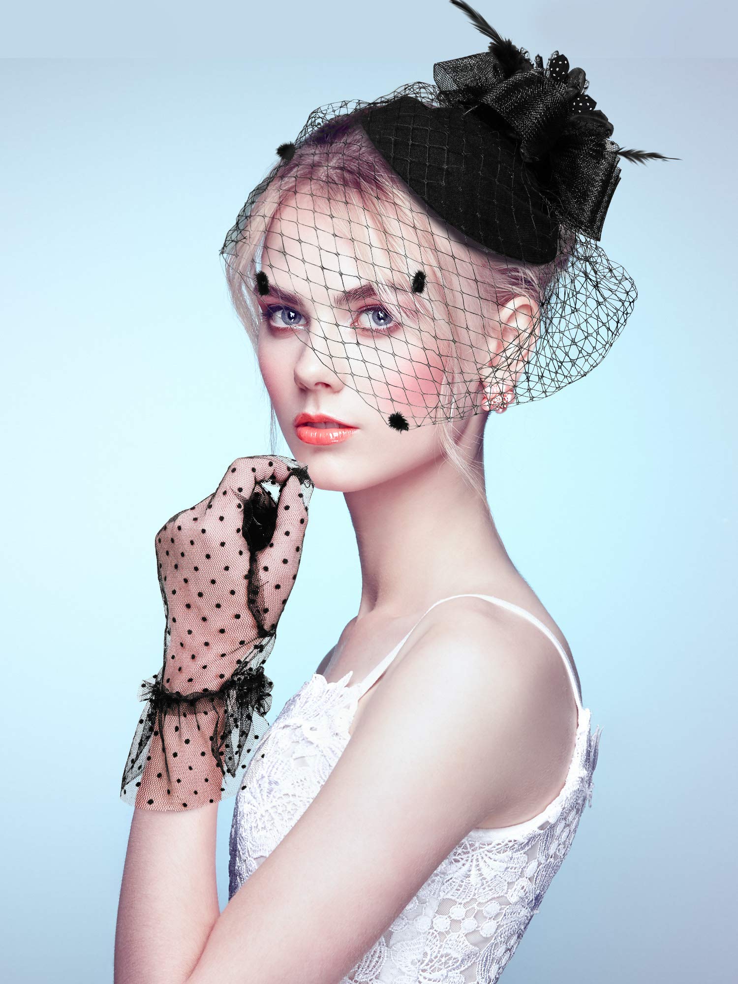 Feather Veil Mesh Hat Lace Short Glove 50s Costume Accessories for Women Wedding