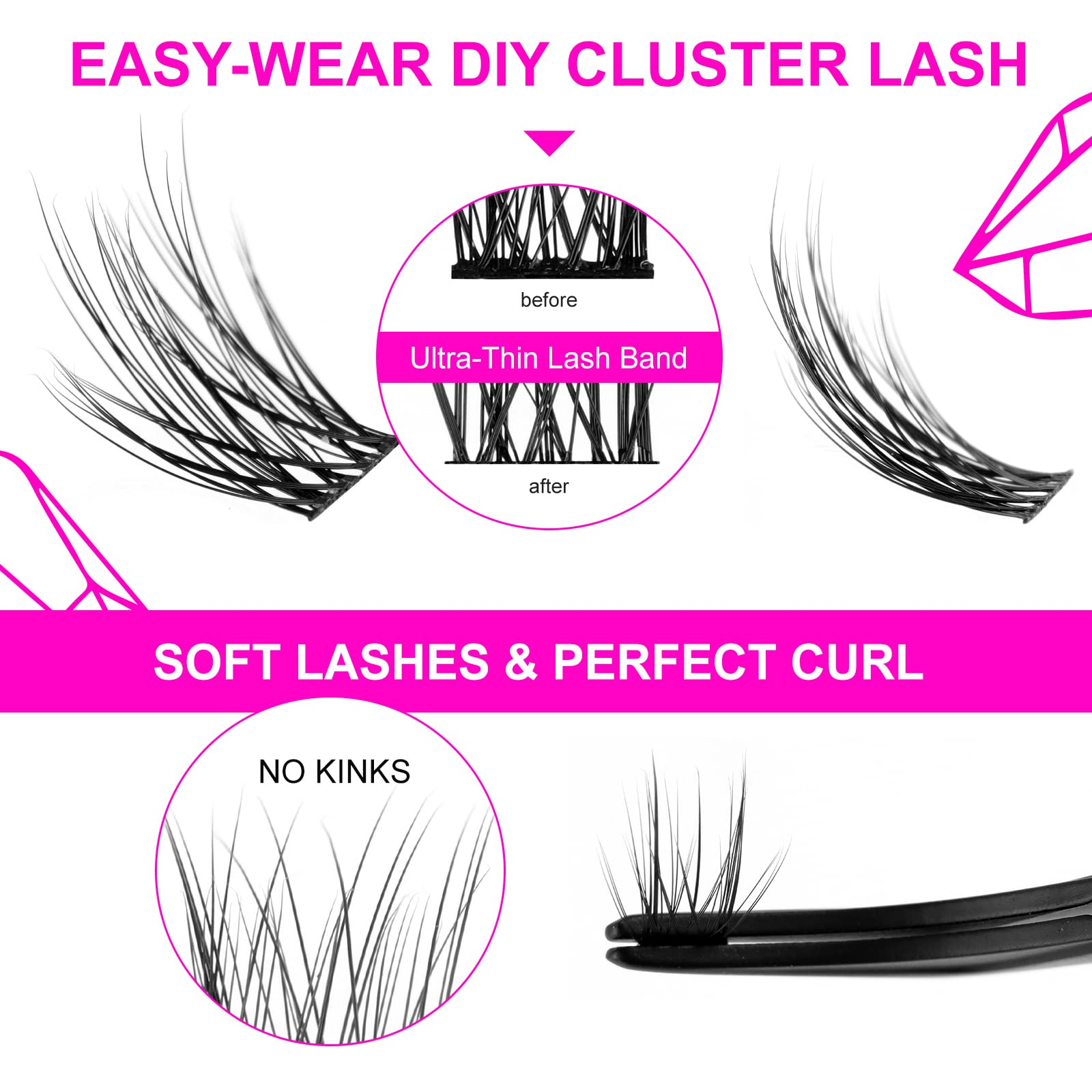 Lash Clusters 144pcs CAELYMINE DIY Lash Extension for Beginners, D Curl Cluster Lashes Soft Lash Extension Clusters 3D Cosplay Eyelash Cluster Extensions Reusable(CDD03)