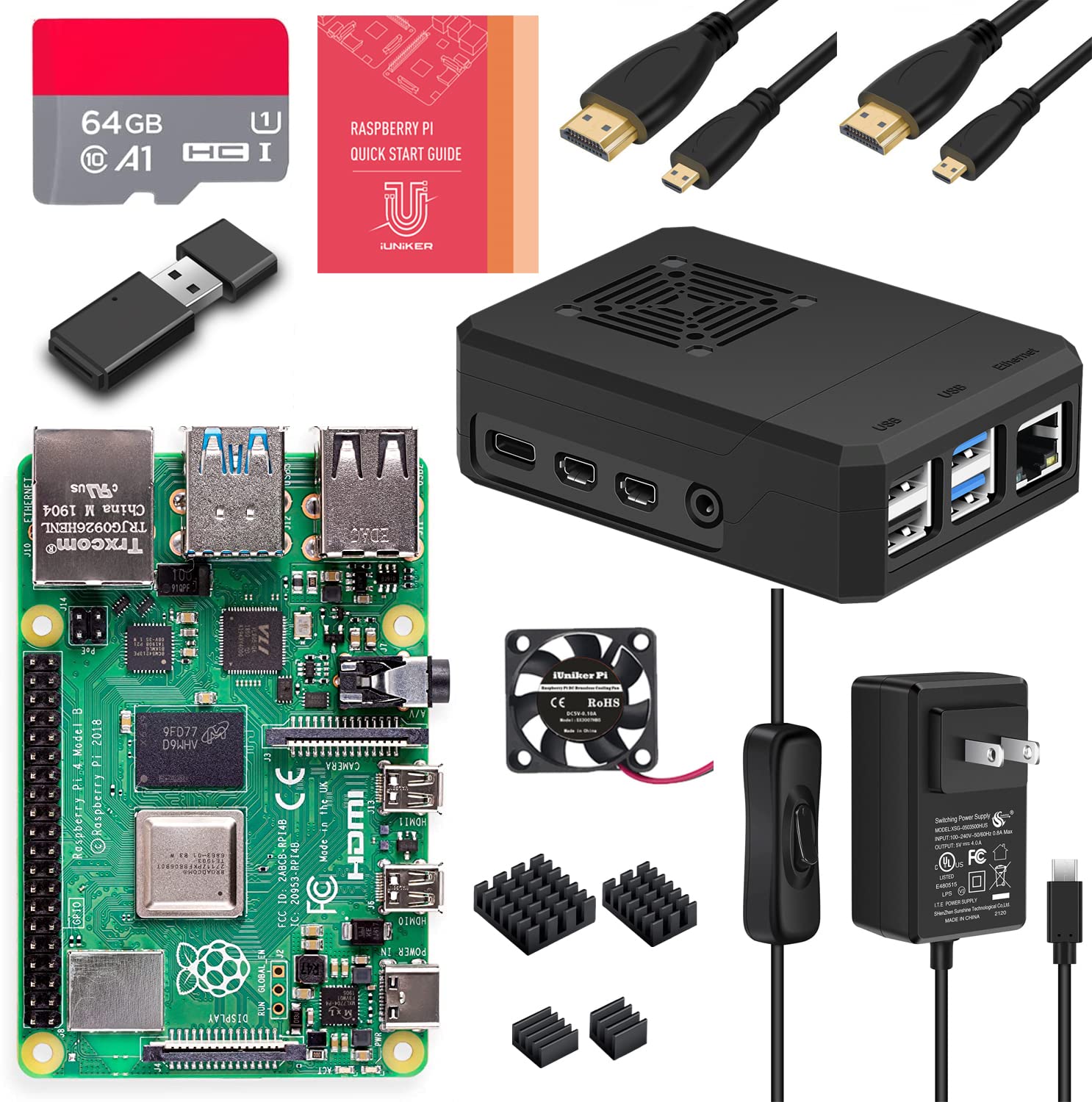 MazerPi Raspberry Pi 4 4GB Max Kit - 64GB Edition, Case with Fan, 20W 5V 4A Power Supply ON/Off Switch, HDMI Cable for 4B (4GB RAM), Black