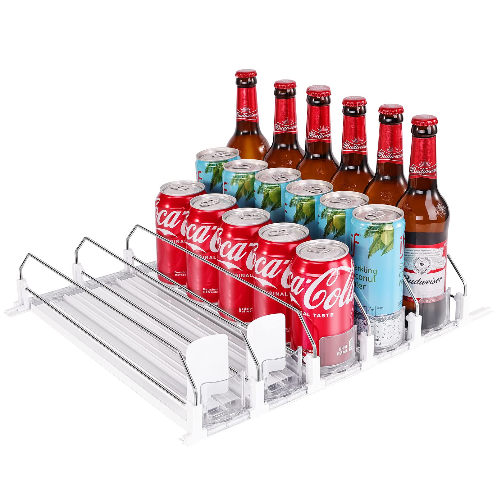 Drink Organizer for Fridge, Self-Sliding Soda Can Organizer for Refrigerator and Adjustable Width, 12oz 16oz 20oz drinks can be accommodated, up to 40+ Cans(5+3 ROWS)