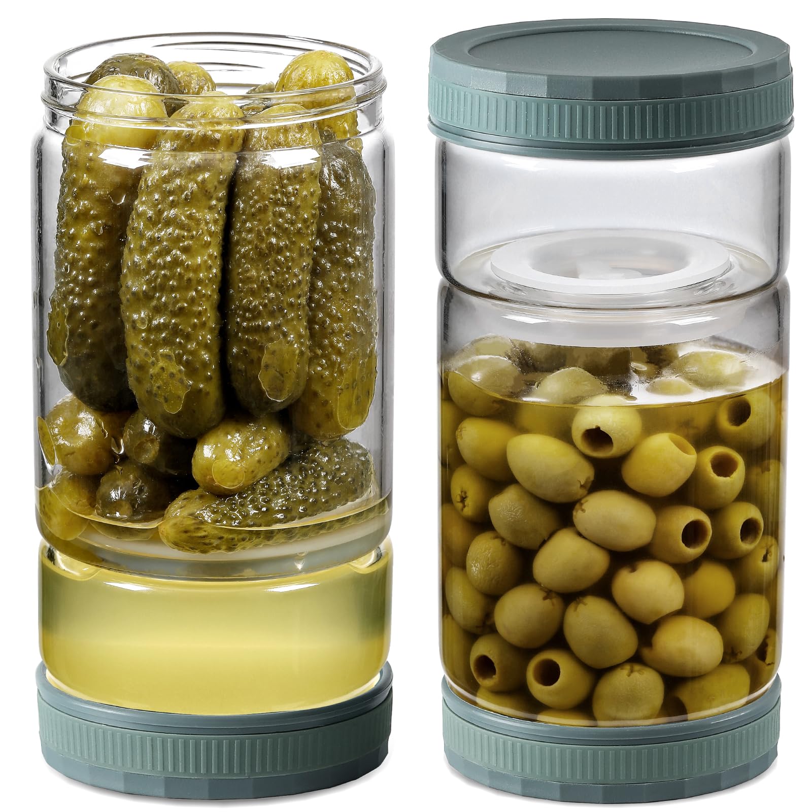 LANDNEOO 2 Pack 36oz Glass Pickle Jar with Strainer Flip, Airtight Olive or Kimchi Hourglass Container, Pickle Flip Holder Separate Food from Pickle Juice, Green