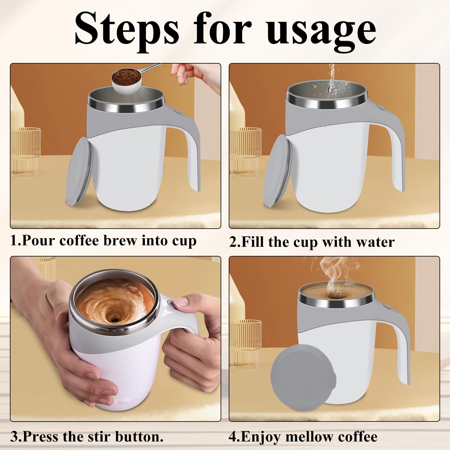 Self Stirring Coffee Mug, Rechargeable Automatic Coffee Stirring Mixing Mug, Electric Funny Self Mixing Cup, Stainless Steel Travel Coffee Cup for Office, Home, Kitchen(White)