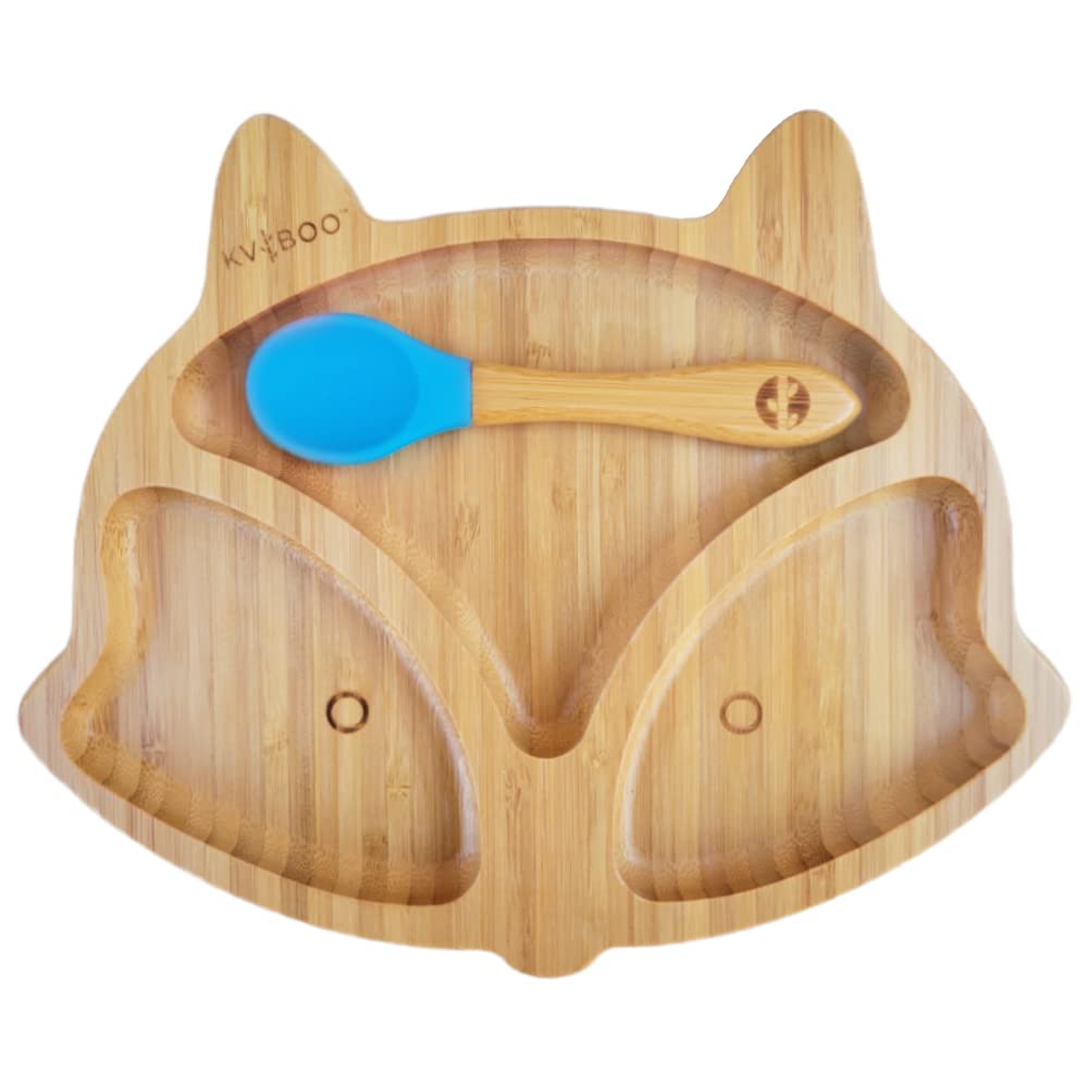 KviBoo Fox Bamboo Suction Plate for babies, toddlers, kids - Mess free eating (Blue)