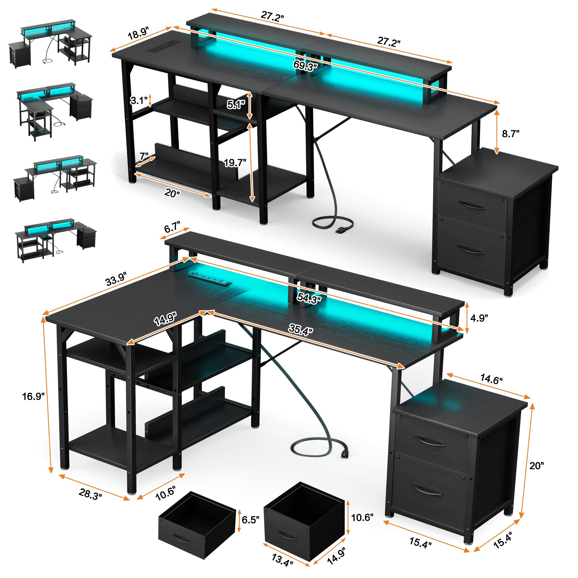 L Shaped Gaming Desk,Oopswow Computer Desk,68 Inch Office Desk with File Drawers & 2-Tier Storage Shelves,Large Reversible Corner Desks Writing Study Workstation with Power Outlets & LED Lights,Black