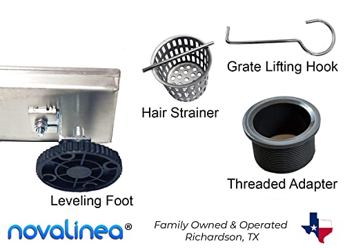 Novalinea - 54 Inch Linear Shower Drain with Tile Insert Grate, Includes Hair Strainer and Leveling Feet, 2 Inch Center Outlet, 304 Stainless Steel