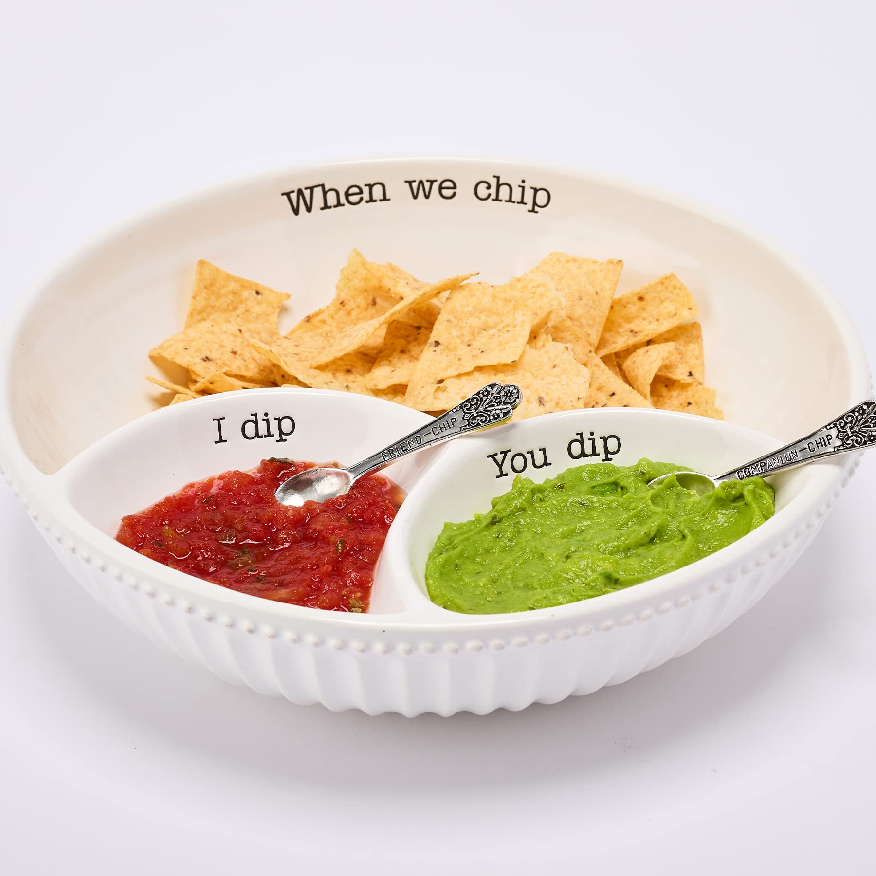 Mud Pie Circa Chip And Dip Bowl Set, White dish 3" x 12" dia | spoon 3 1/2"