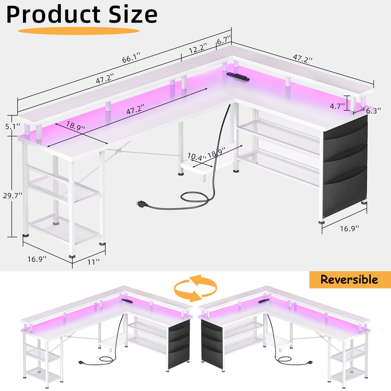 L Shaped Gaming Desk with LED Lights & Power Outlets, 66" Computer Desk with Storage Shelves，Monitor Stand & Printer Shelf, Large Gaming Table, Reversible Home Office Corner Desk, Black Carbon Fiber