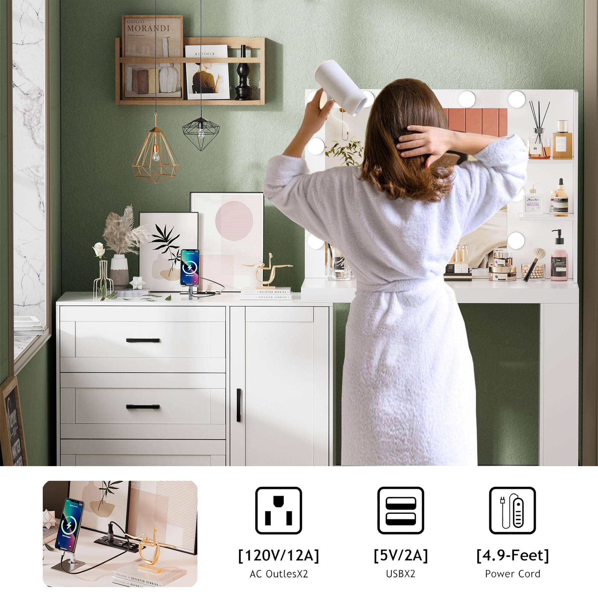 PAKASEPT Vanity Desk with Mirror and Lights, Makeup Vanities with Charging Station, White Vanity with 3 Color Lighting, Drawers, Hidden and Open Shelves, Girls Dressing Table for Bedroom