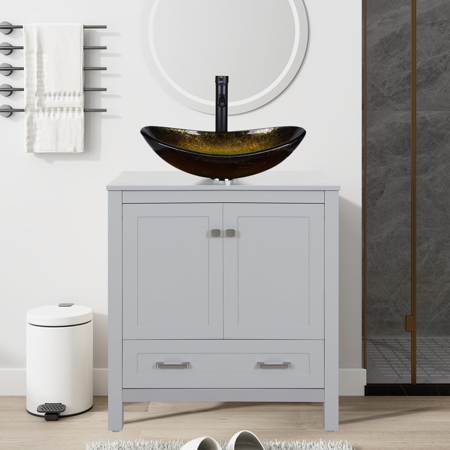 Puluomis Bathroom Vanity, 30 inches Gray Stand Bathroom Cabinet Vanity with 2 Doors and a Drawer, Multifunctional Storage Bathroom Cabinet with Gold Boat Shape Sink Top