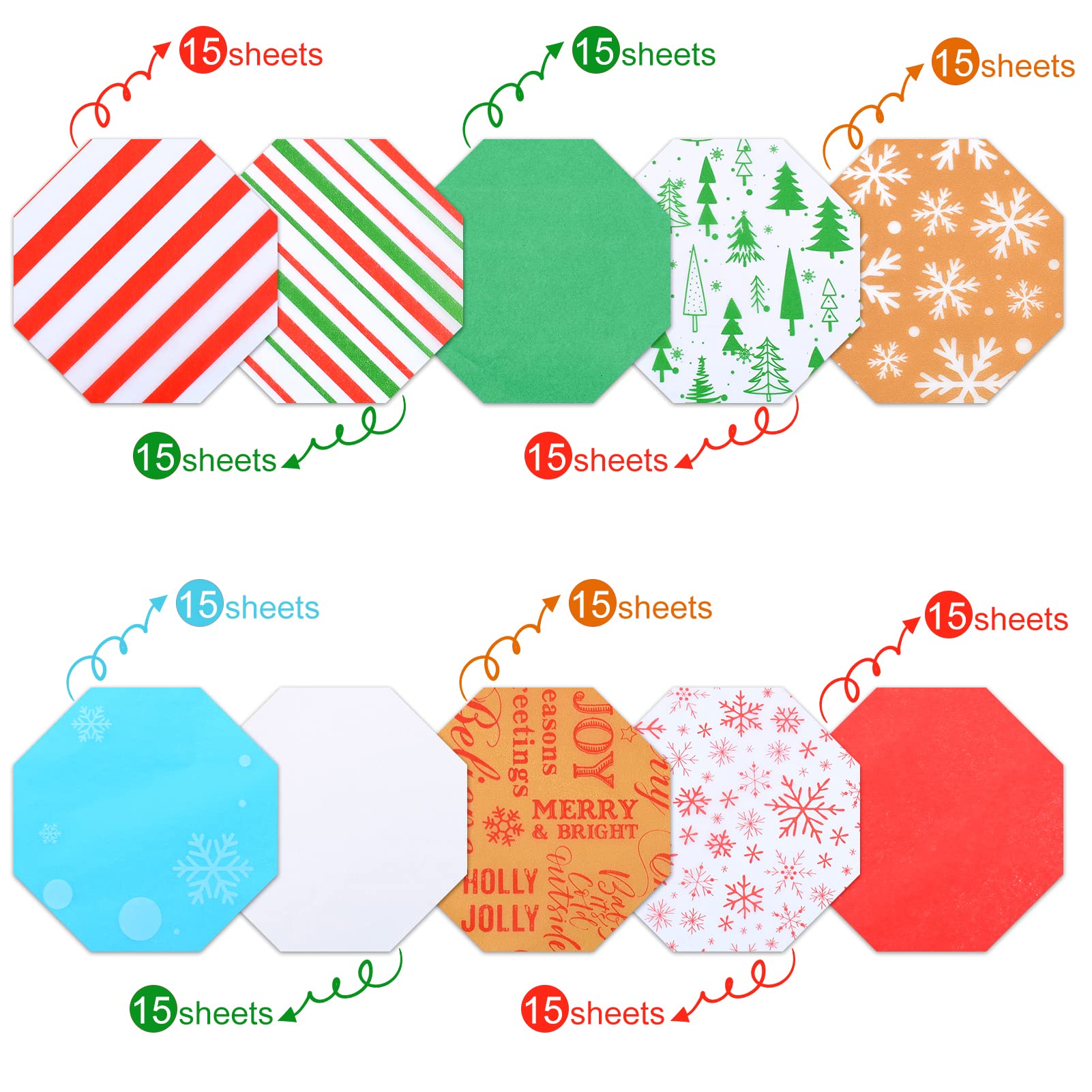 Fasezoomit 150 Sheets Christmas Tissue Paper Wrapping Paper,20" x 20", 10 Designs Gift Wrapping Accessory for Christmas Gift Boxes, Bottles, Holiday Tissue Pape