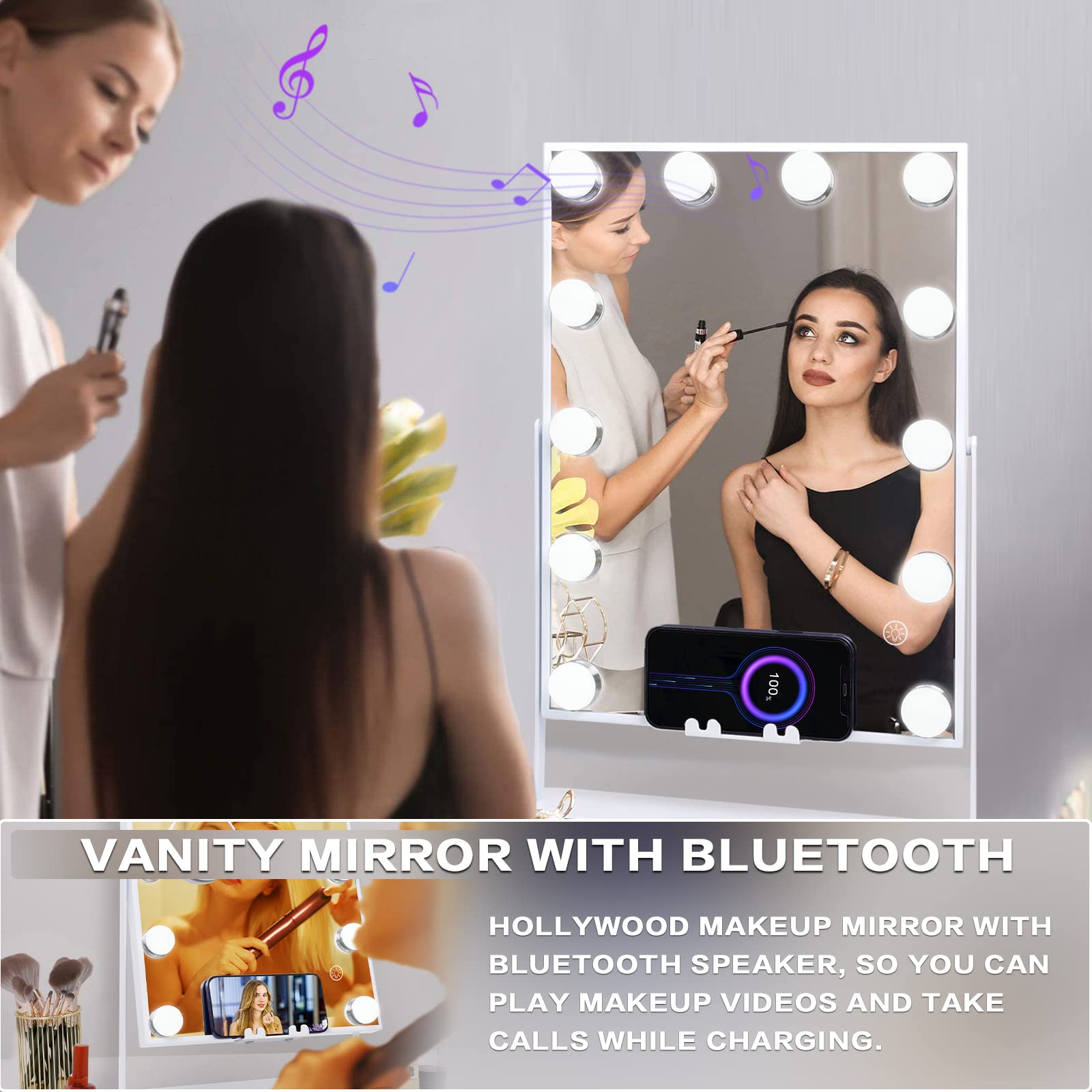 Leishe Vanity Mirror with Lights and Bluetooth Speaker, Lighted Makeup Mirror with Wireless Charging and 12 LED Dimmable Bulbs, 3 Light Modes, Detachable 10x Magnification (White)