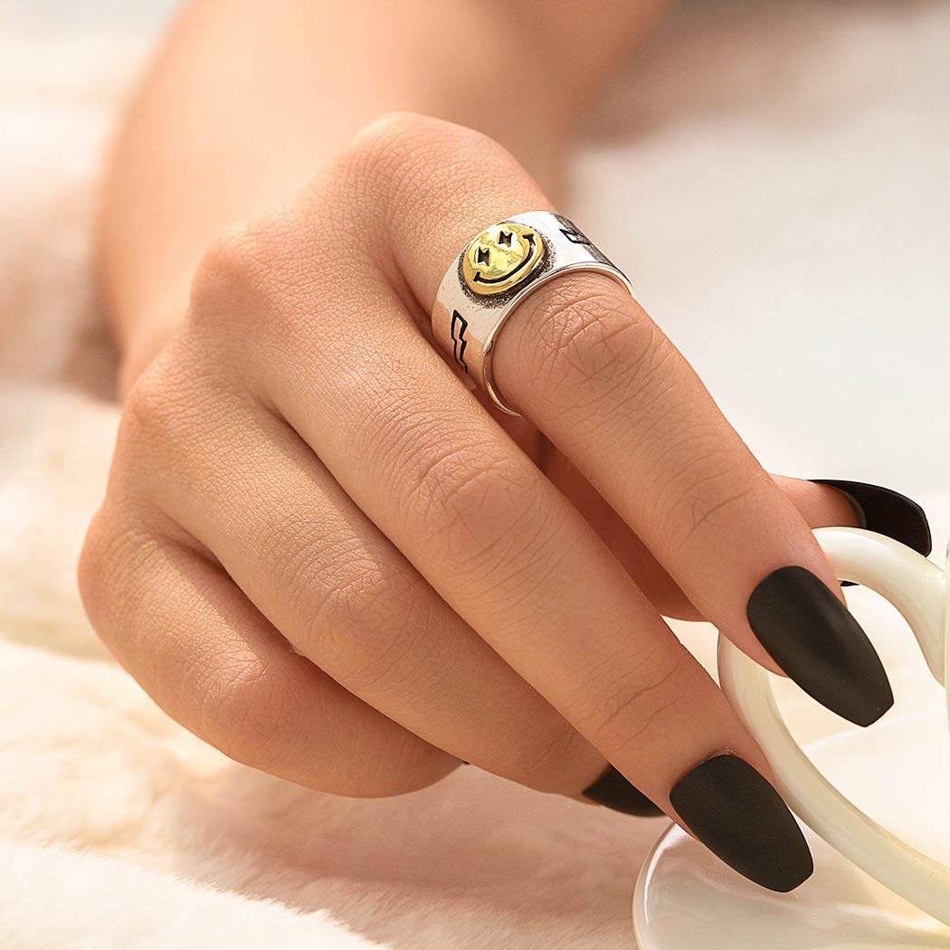 Fstrend Smiley Face Ring Vintage Stainless Steel Rings Retro Statement Band Adjustable Smiling Open Ring Jewelry for Women and Girls(Gold)