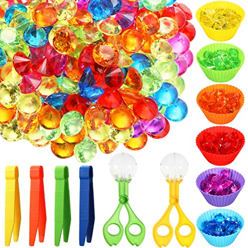 Leitee 132 Pcs Fine Motor Toys Counting Sorting Sensory Bin Filler, 120 Acrylic Fake Gems 4 Tweezers 2 Scissors Clips 6 Cups for Boys Girls Early Education and Sorting Counting Training Development