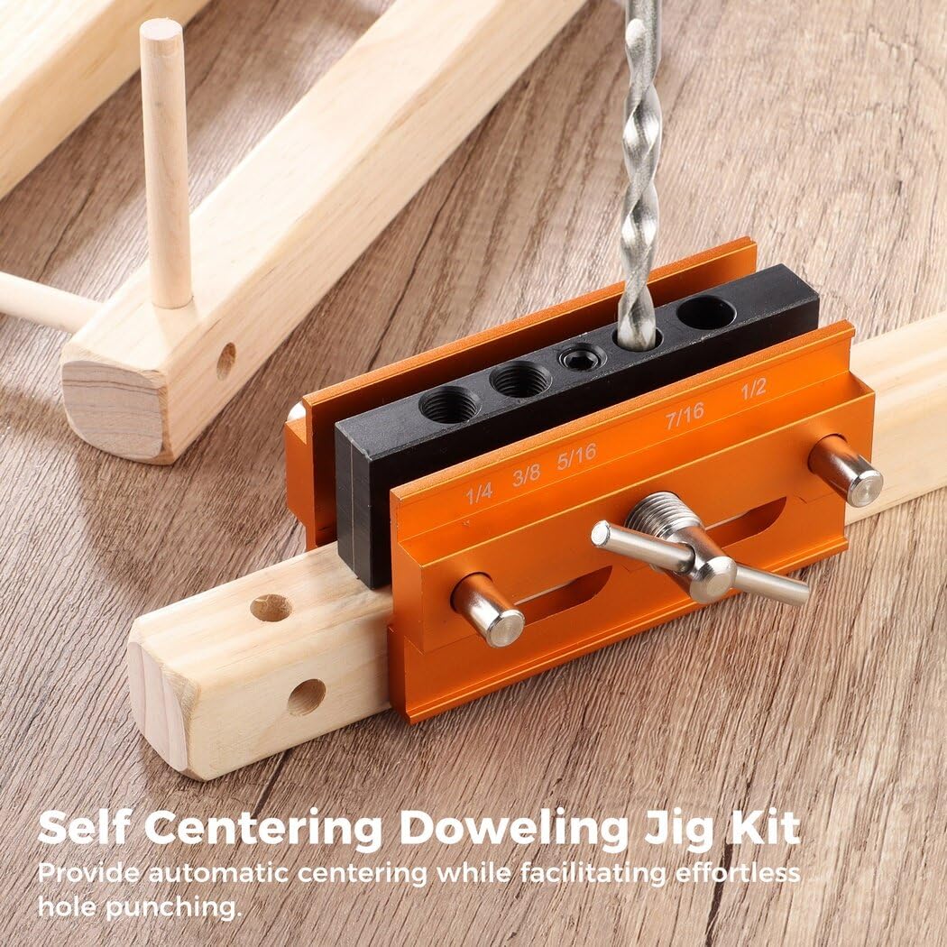 Doweling Jig Kit With 6 Bushings, Self Centering Drilling Guide, Adjustable Width Punching Locator, Straight Holes Woodworking Locator Joint Tool