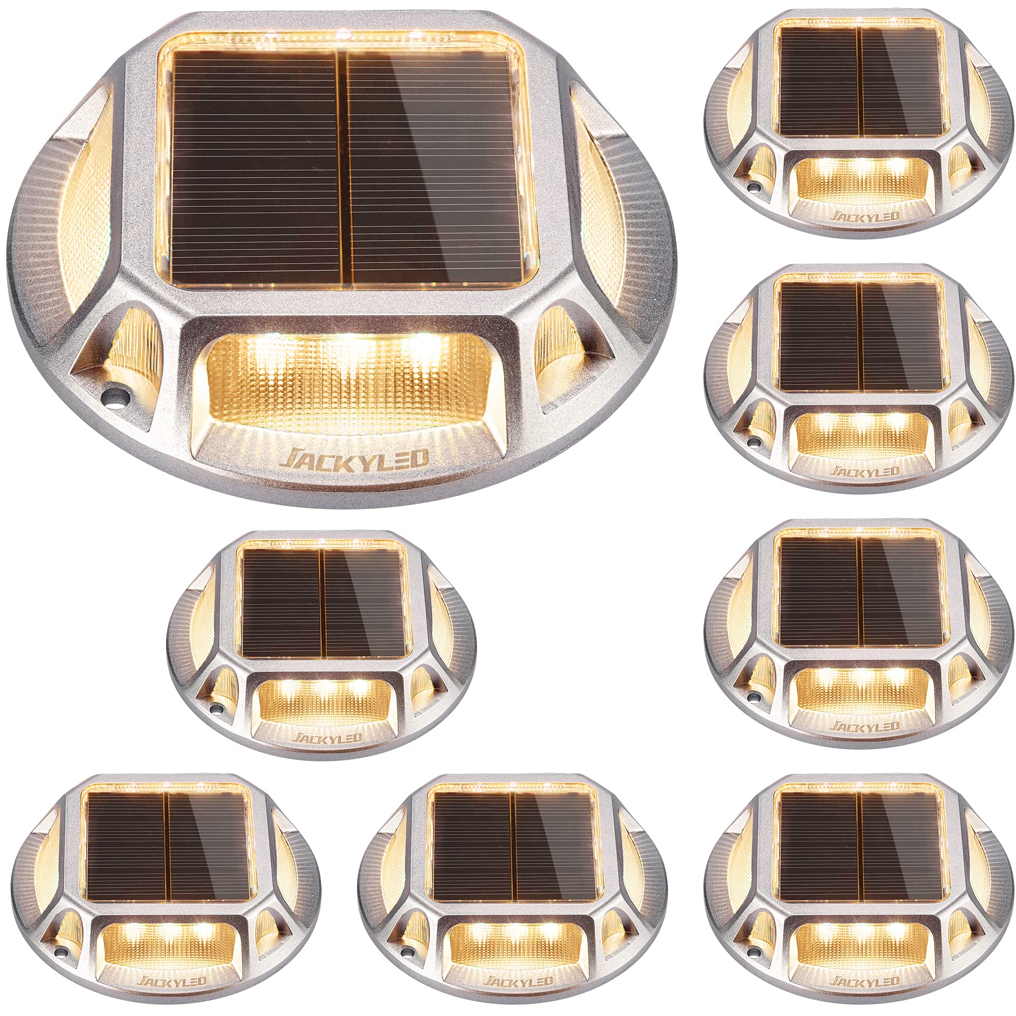 JACKYLED 8-Pack Solar Dock Lights Marine Waterproof LED, 4-Sided Lighting 12 LED Solar Powered Driveway Lights, Solar Driveway Markers for Boat Sidewalk Steps Backyard Garden (Cool White)