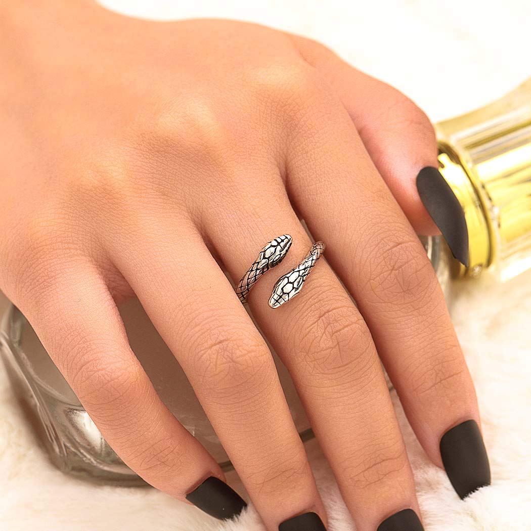 Fstrend Vintage Band Ring Silver Snake Women's Statement Ring Retro Open Stainless Steel Adjustable Rings Jewelry for Women and Girls