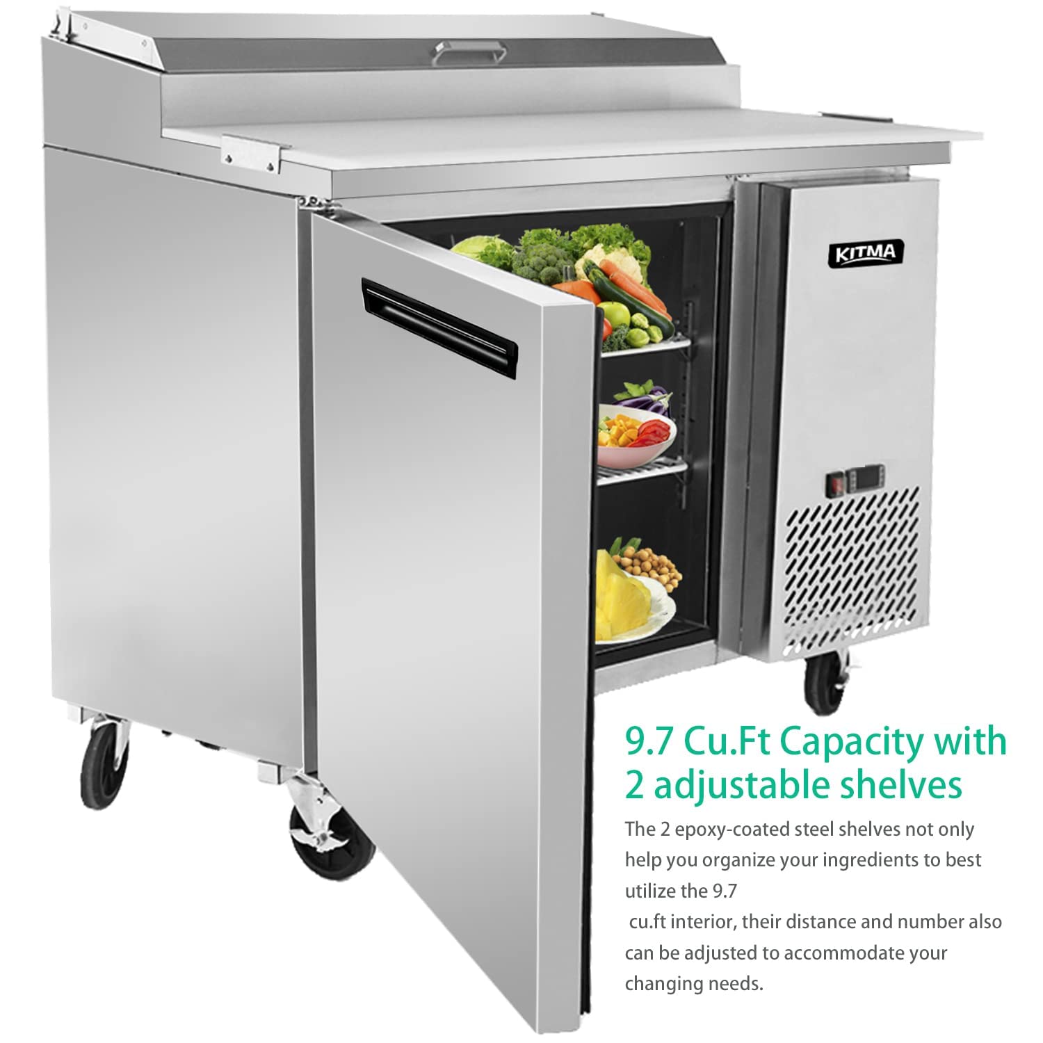 KITMA 44 Inch Pizza Prep Table Refrigerator Single Door Rrep talbe with Standard Top, 9.7 Cu.ft, 6 Food Pans, USA