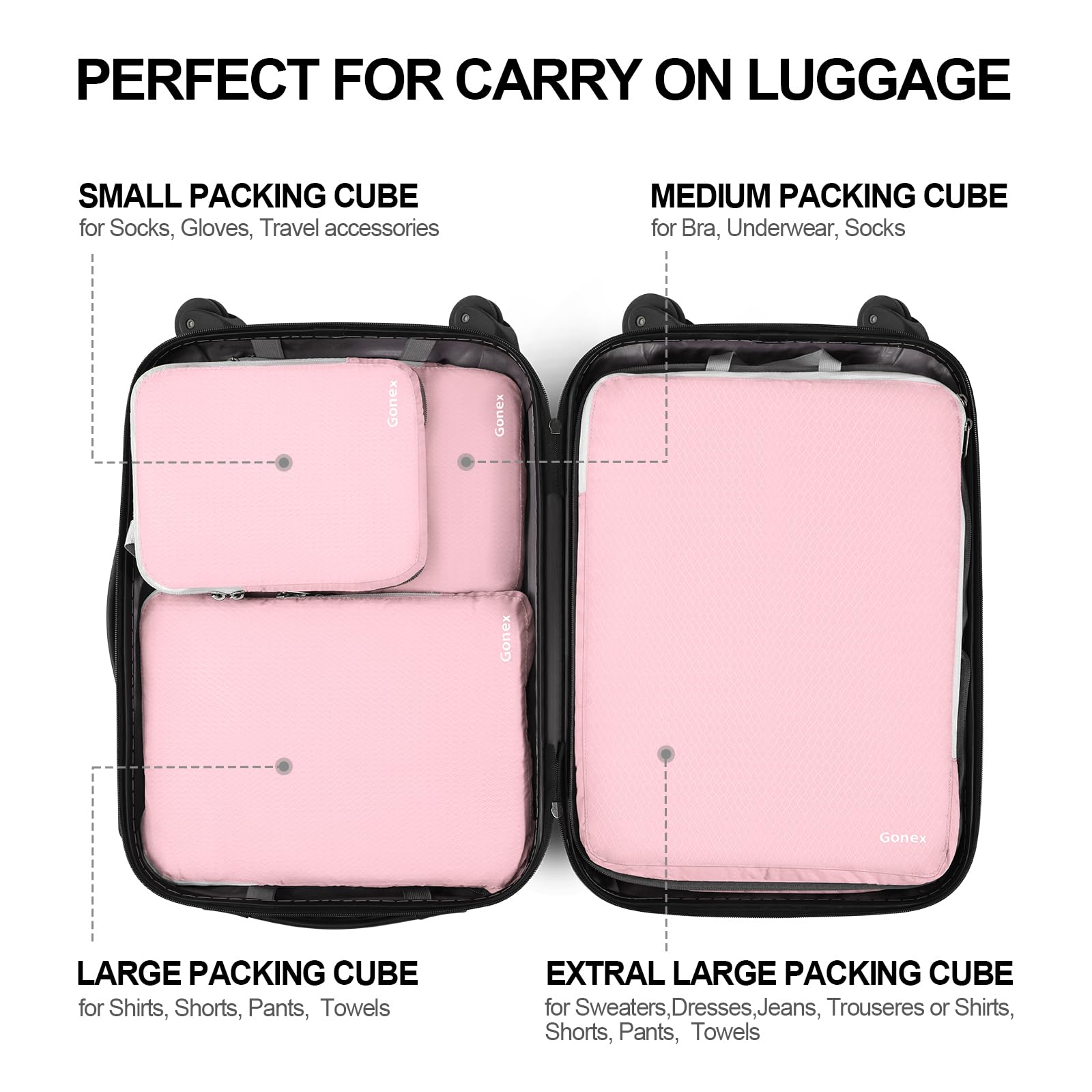 Gonex Compression Packing Cubes, 4pcs Expandable Storage Travel Luggage Bags Organizers (Pink)