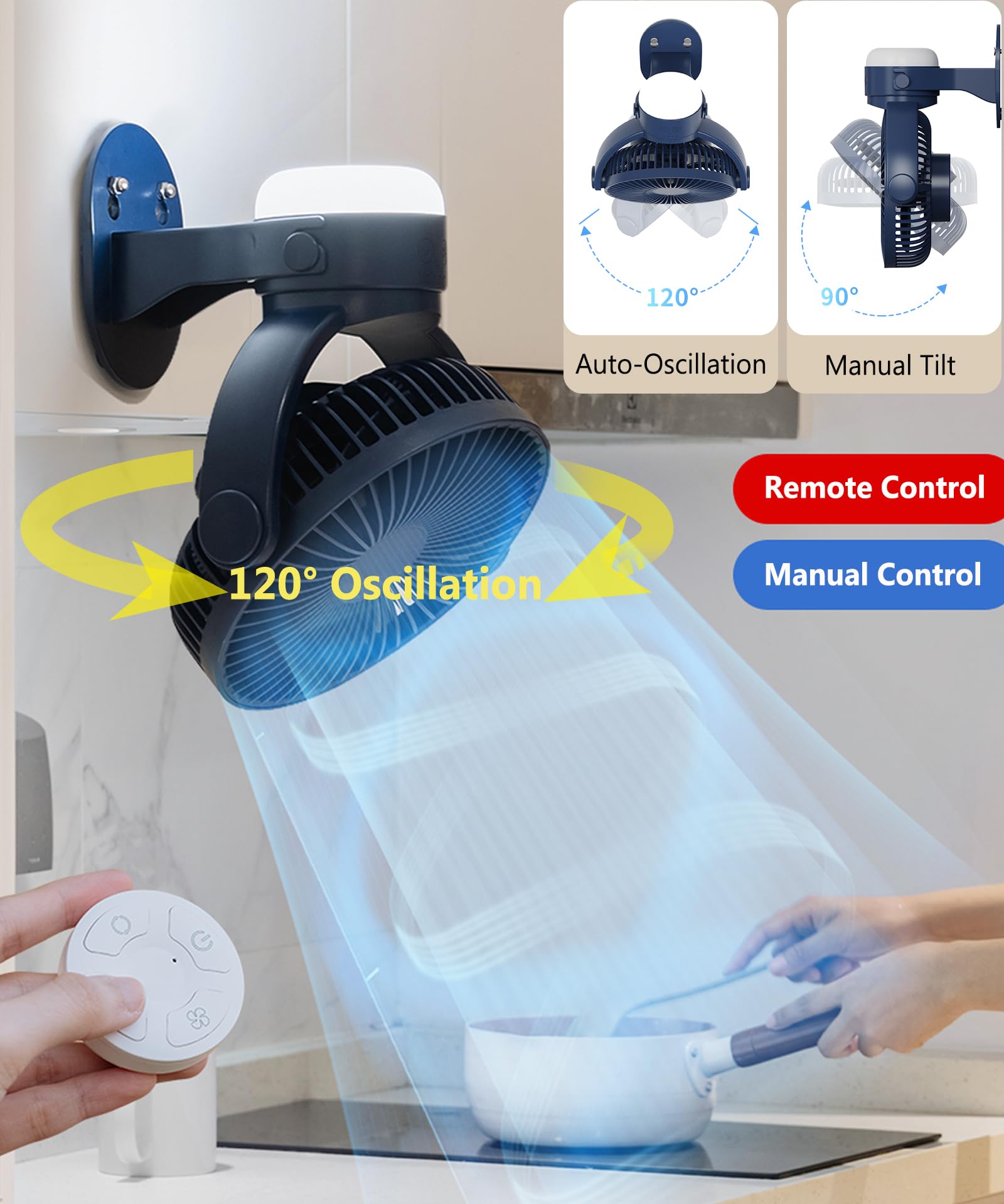HonHey Portable Wall Mount Fan, 4000 mAh Oscillating Battery Operated Fan with Remote and LED Light, 3 Speeds, 4-10 Working Hours Timer Function, 7 Inch Outdoor Ceiling Fan for Garage Bedroom Gym RV