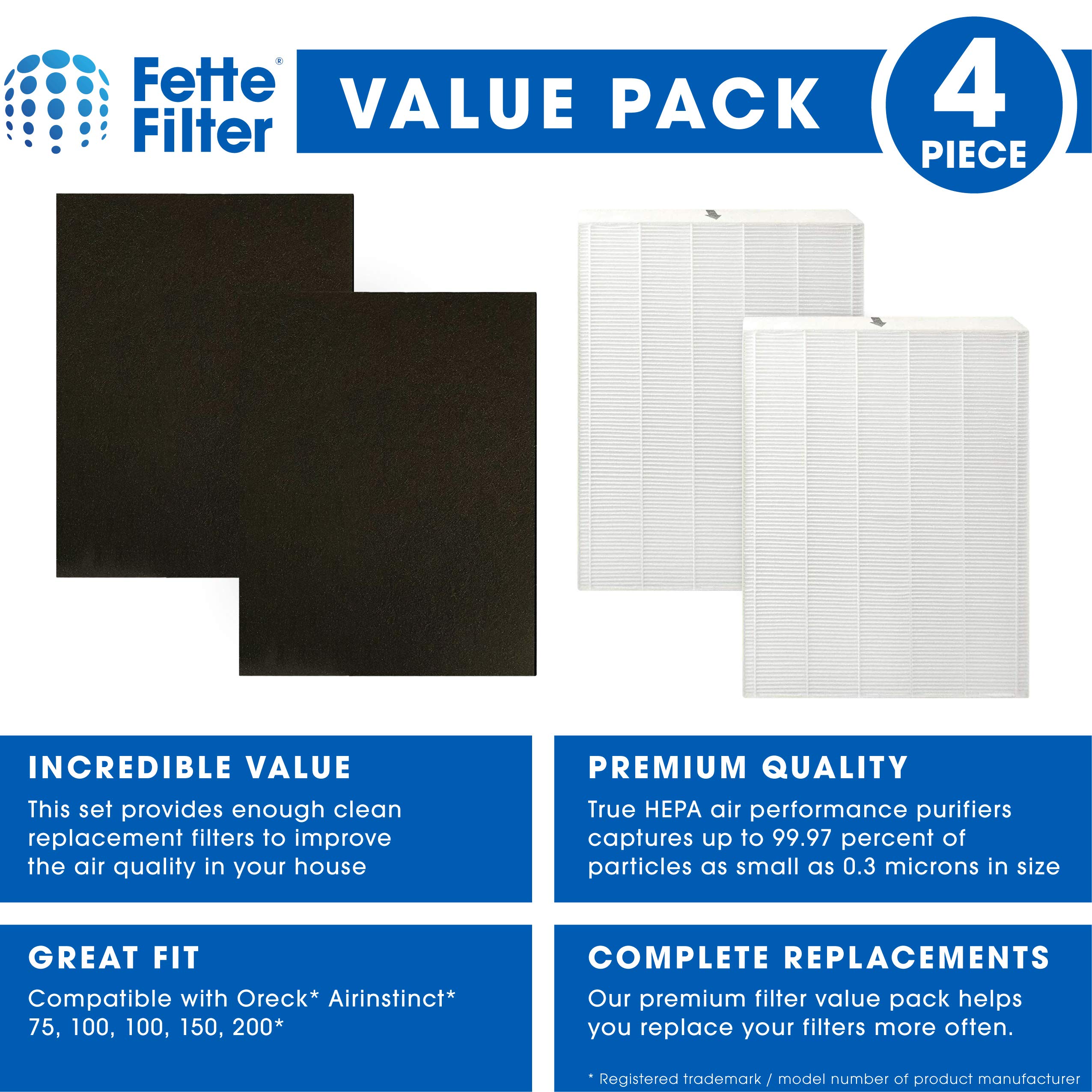 Fette Filter - Premium True Hepa H13 Filters Compatible with Oreck Airinstinct 75, 100, 108, 150, 200 Air Purifers 2 True HEPA & 2 Activated Carbon Replacement Filters.