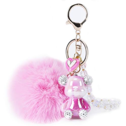 HONYJOOM Teddy Bear KeychainïŒ Pink Keychain AccessoriesïŒ Key Chains Women CuteïŒ Puff Ball Keychain (Pink)