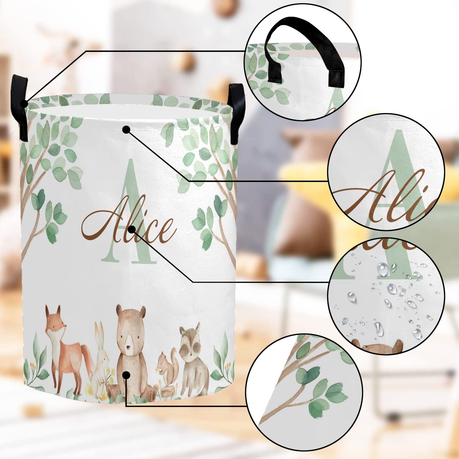 Laundry Basket Customized Name Organizer Storage Round Baskets Foldable Laundry Hamper with Handle for Nursery Bedroom Decor (Green Tree Animals)