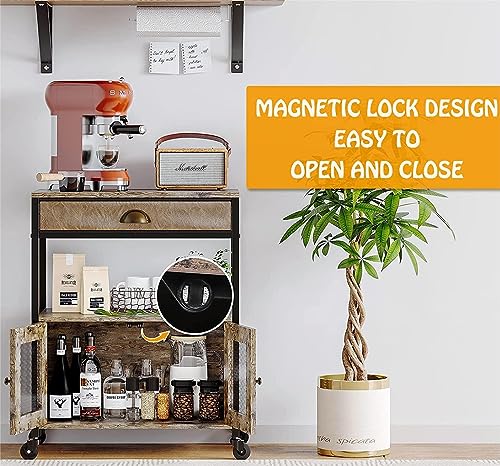 X-cosrack Coffee Bar Cabinet,3 Tiers Kitchen Coffee Cart with Drawer for The Home Buffets & Sideboards, Movable Farmhouse Coffee Station Table on Wheels for Living Room, Entryway, Dining Room, Kitchen