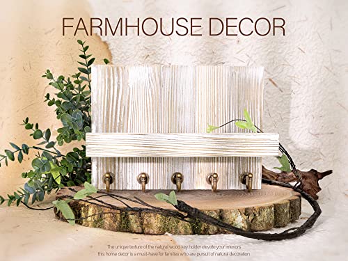 Rebee Vision Farmhouse Key Holder for Wall - Decorative Mail Organizer and Retro Key Hanger for Wall - 5 Sturdy Key Hooks with Small Floating Shelf for Rustic Apartment Essentials (Natural Wood)