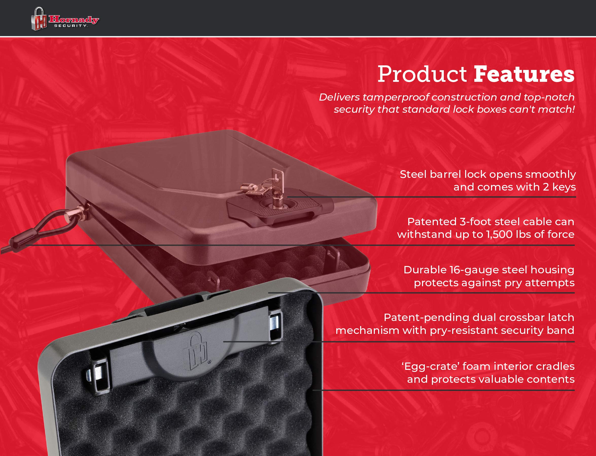 Hornady Alpha Elite Portable Lock Box for Guns and Valuables β Includes 2 Keys and 4 Foot Steel Cable β Thick 16-Gauge Steel, An Ideal Car Lock Box or Truck Safe β Black, 10.25 x 8 x 2.75 Inches
