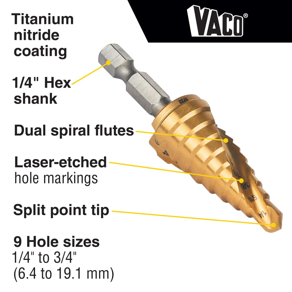 Klein Tools 25963 Step Drill Bit, 1/4 to 3/4-Inch, Spiral Double-Fluted, Cuts Thin Metal, Plastic, Aluminum, Wood, 1/4-Inch Hex Shank, VACO