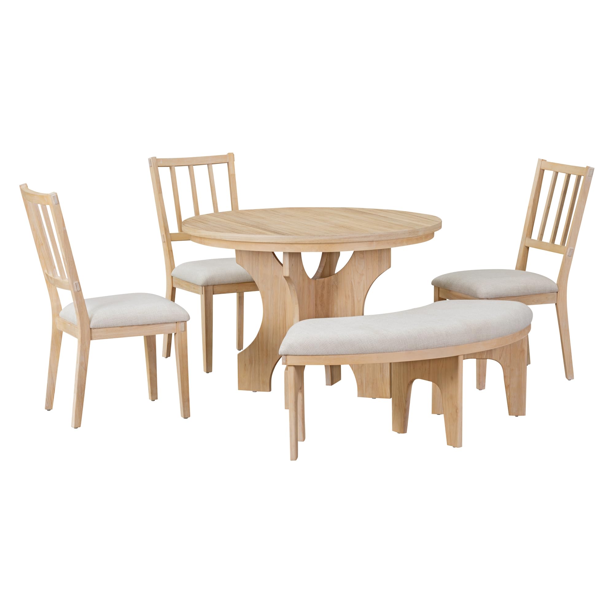 FIQHOME Kitchen Room Retro 5-Piece Set, 44' Round Dining Table with Curved Bench & 3 Upholstered Chairs and Special-Shaped Legs, 4-5 People,Natural Wood Wash