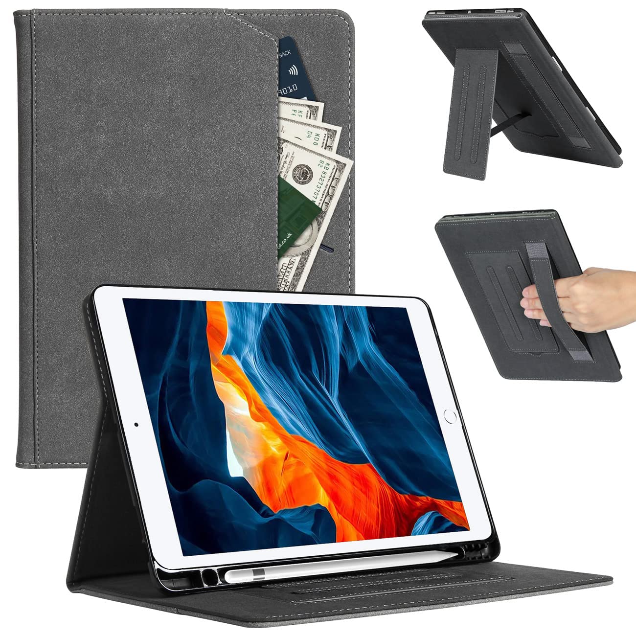 KUAELEN Case for iPad 10.2 Inch 9th/8th/7th Generation (2021/2020/ 2019) with Pencil Holder, Suede Fabric Cover with Card Slots, Hand Strap and Foldable Stand, Grey
