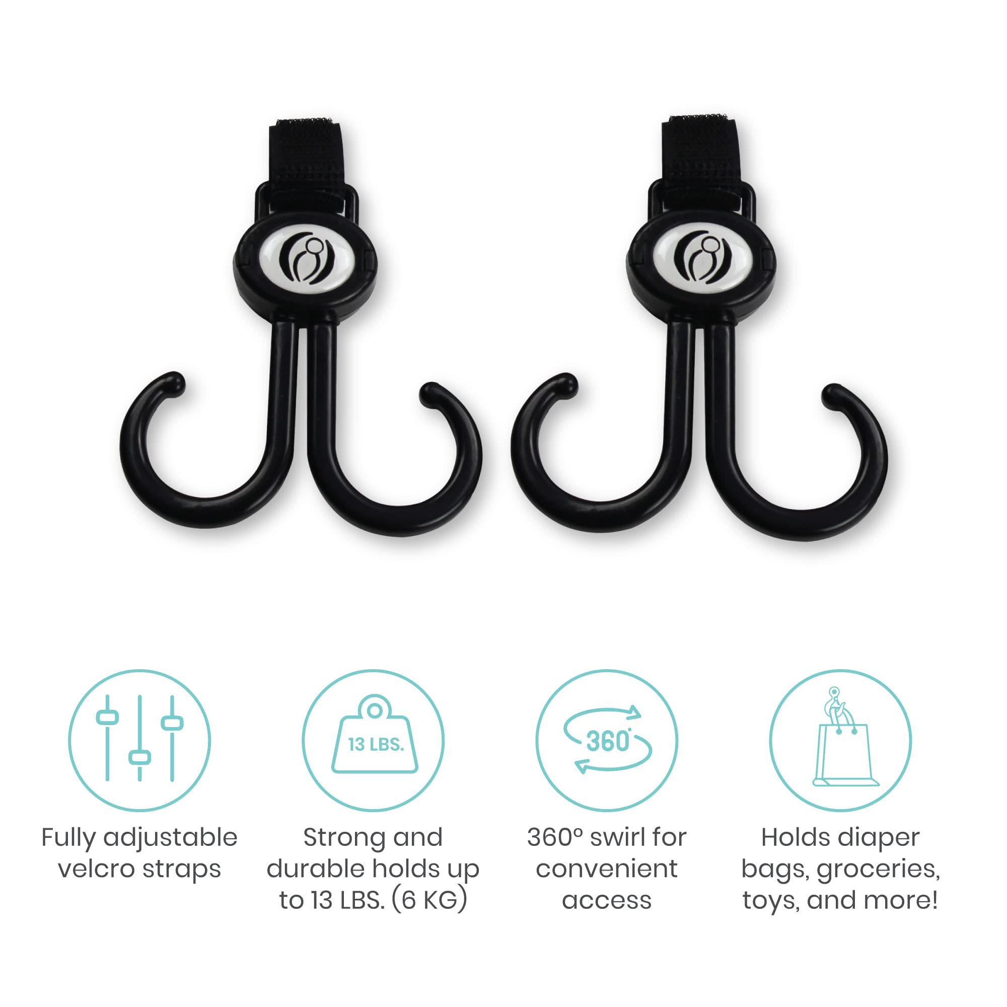 Lulyboo Multi-Use Organizer Hook Clips (2 pk), Metal Hook Handle for Purse, Shopping, Strollers & Diaper Bags, Black