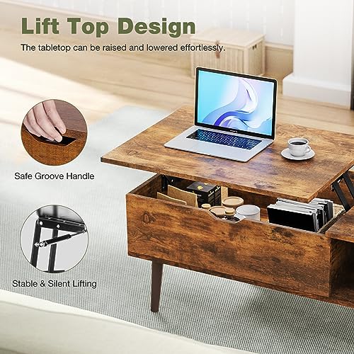 OLIXIS Modern Coffee Table Wooden Furniture with Lifting Tabletop, Storage Shelf and Hidden Compartment for Living Room Office, Rust Brown
