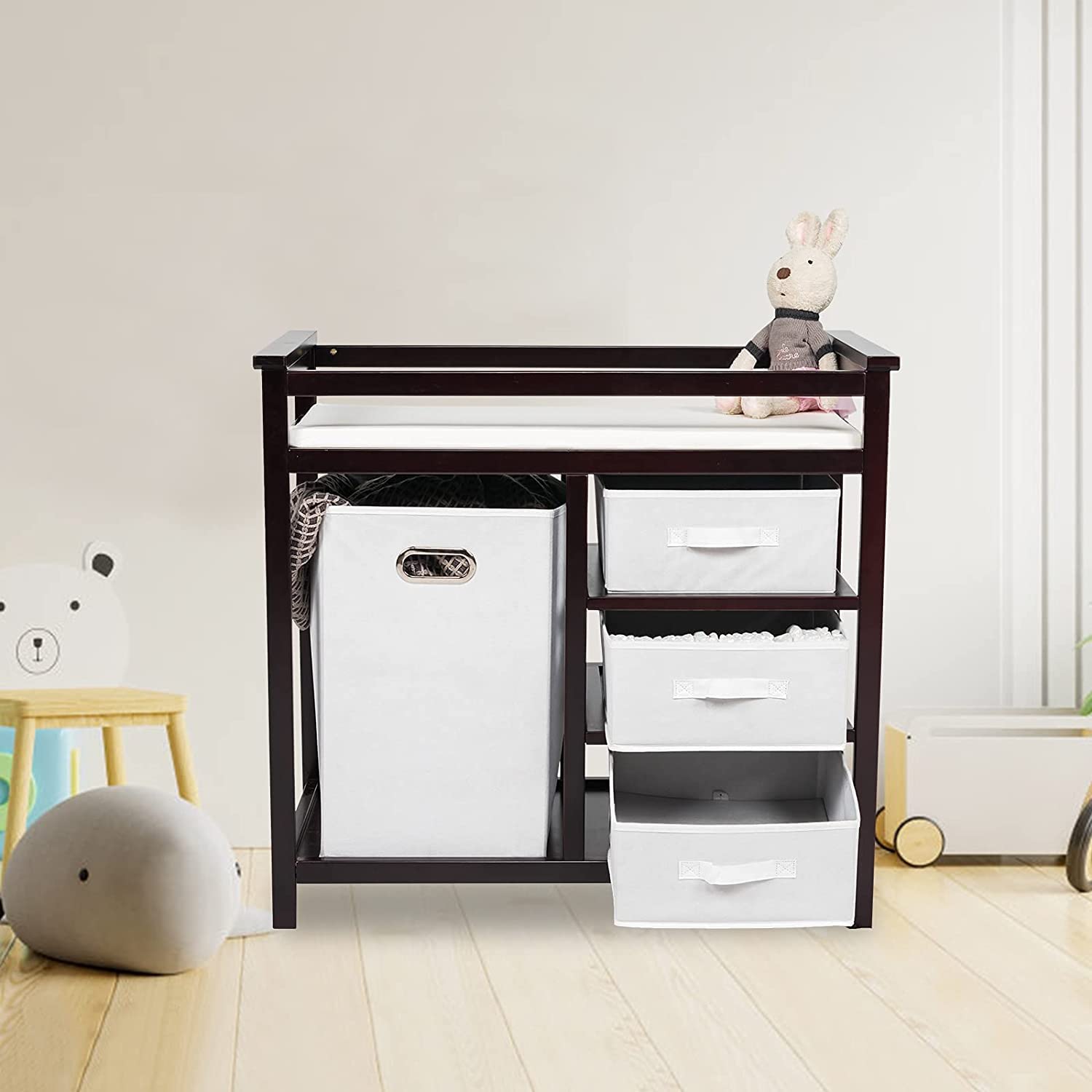 Kinsuite Baby Changing Table - Modern Wooden Nursing Table, with Cushions and Storage Drawers, Mother’s Intimate Care, Convenient and Safe, Brown