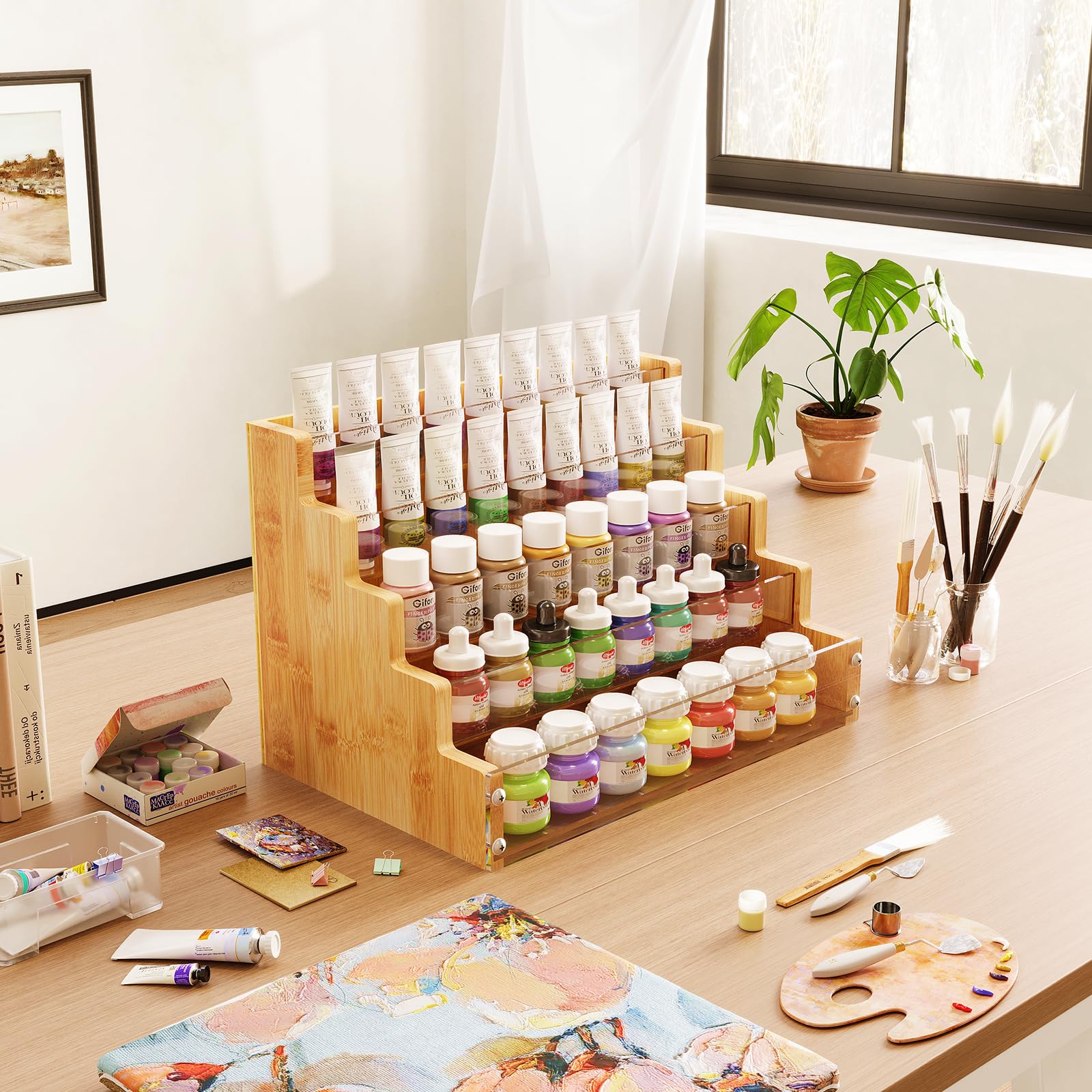LUMAMU Paint Organizer, 5 Tiers Craft Paint Storage Organizer, Bamboo Paint Holder Organizer for 2oz Paint Tube and Bottles, Paint Storage Rack for Miniature Paints