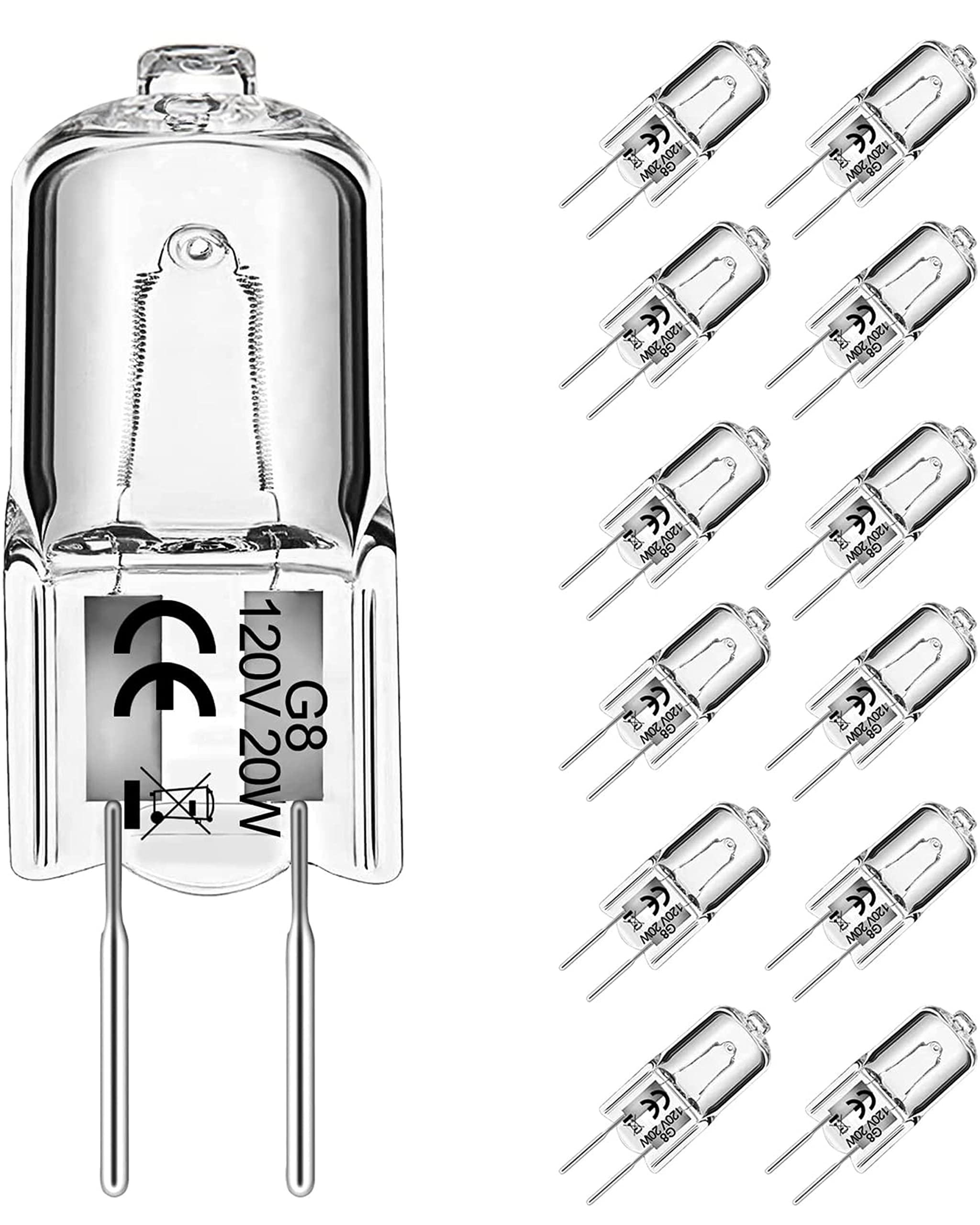 Jaenmsa G8 Halogen Light Bulbs,12 Pack 120V 20W G8 Bulbs Short 2 Pins JCD Type, T4 Bi-Pin Mini Light lamp for Under Cabinet Puck Lighting,Range Hood Replacement