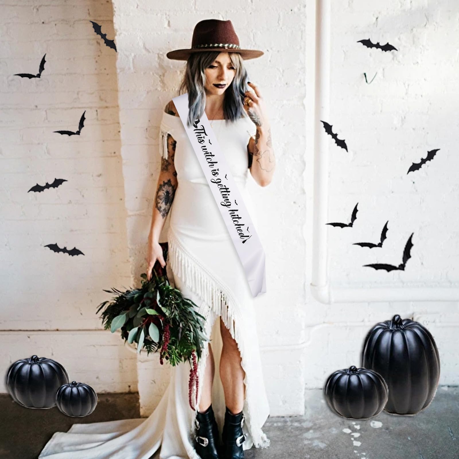 Serencatcher 7Pcs Bachelorette Party Sash Set, This Witch is Getting Hitched Bride Sash, Bridal Coven Sashes with Witch Hat and Jar Pattern for Bridal Shower Bachelorette Witch Theme Halloween Party