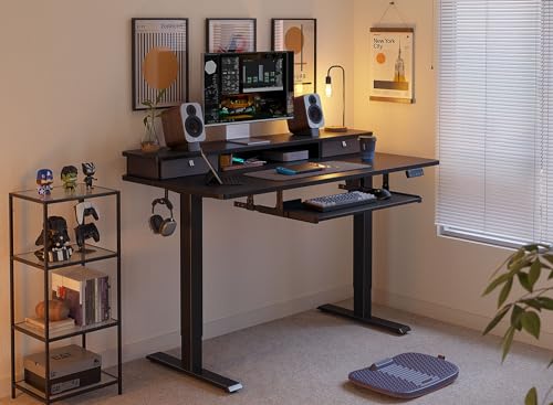 FEZIBO 55 x 24 Dual Motor Height Adjustable Electric Standing Desk with Keyboard Tray, Sit Stand Table with Splice Board, Black Frame/Rustic Brown and Black Top