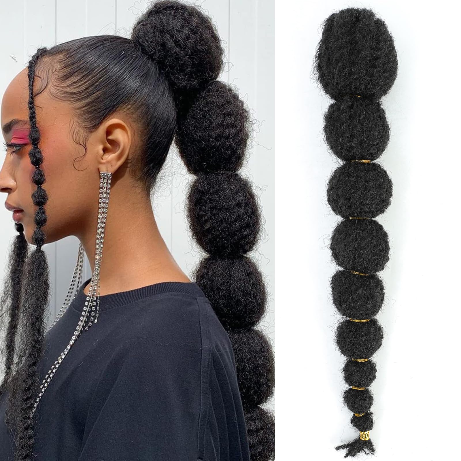 Miyamarch Drawstring Ponytail for Black Women 18 Inch Bubble Ponytail Lantenrn Braid Ponytail Protective Style Clip on Hair Extension Kinky Braided Afro Puff Drawstring Ponytail (18Inch, 1B#)