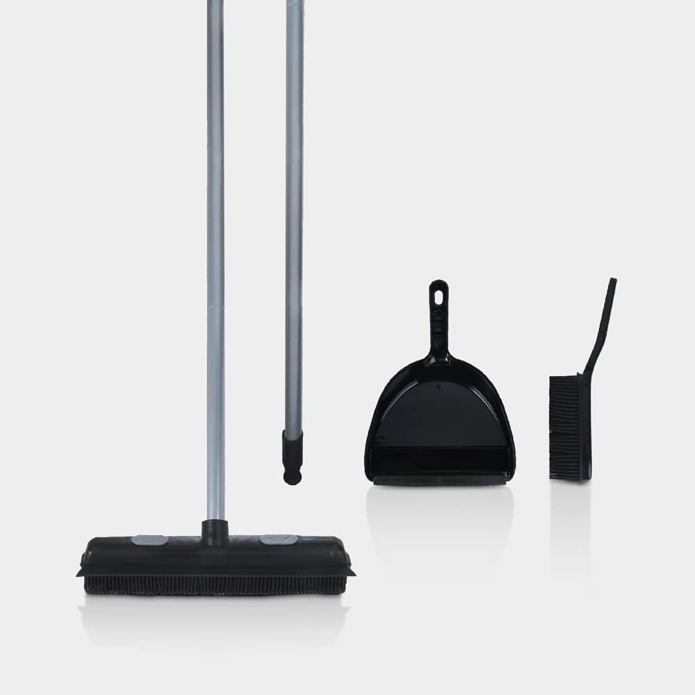 Rubber Bristle Expandable Broom Set with Dustpan & Handheld Rubber Brush for Surface Cleaning, Dust Pet Hair Removal Sofa Sweeping, Built-in Rubber Squeegee Snap, Set of 3, Black