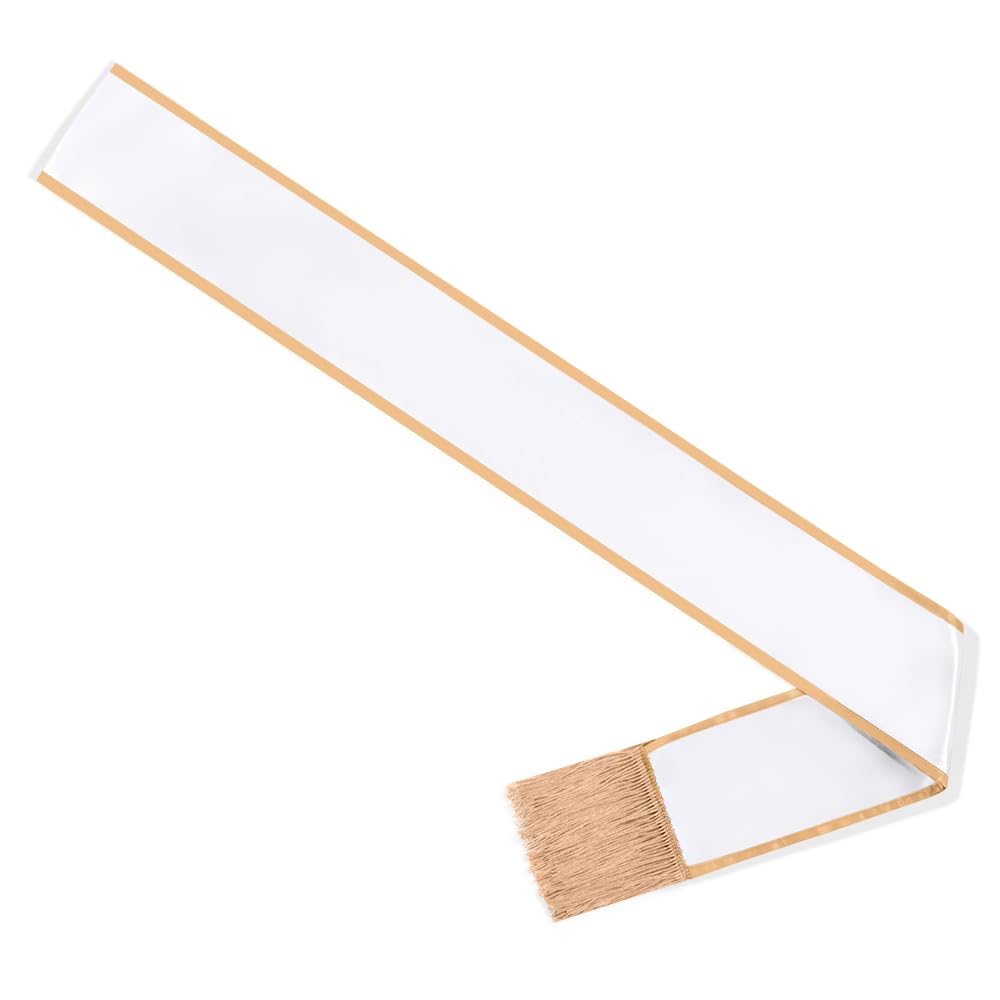 Party to Be Plain Sash with Tassels Blank Satin Sash for Adults 3.9" Wide x 74.8" in Total Length (White with golden border)
